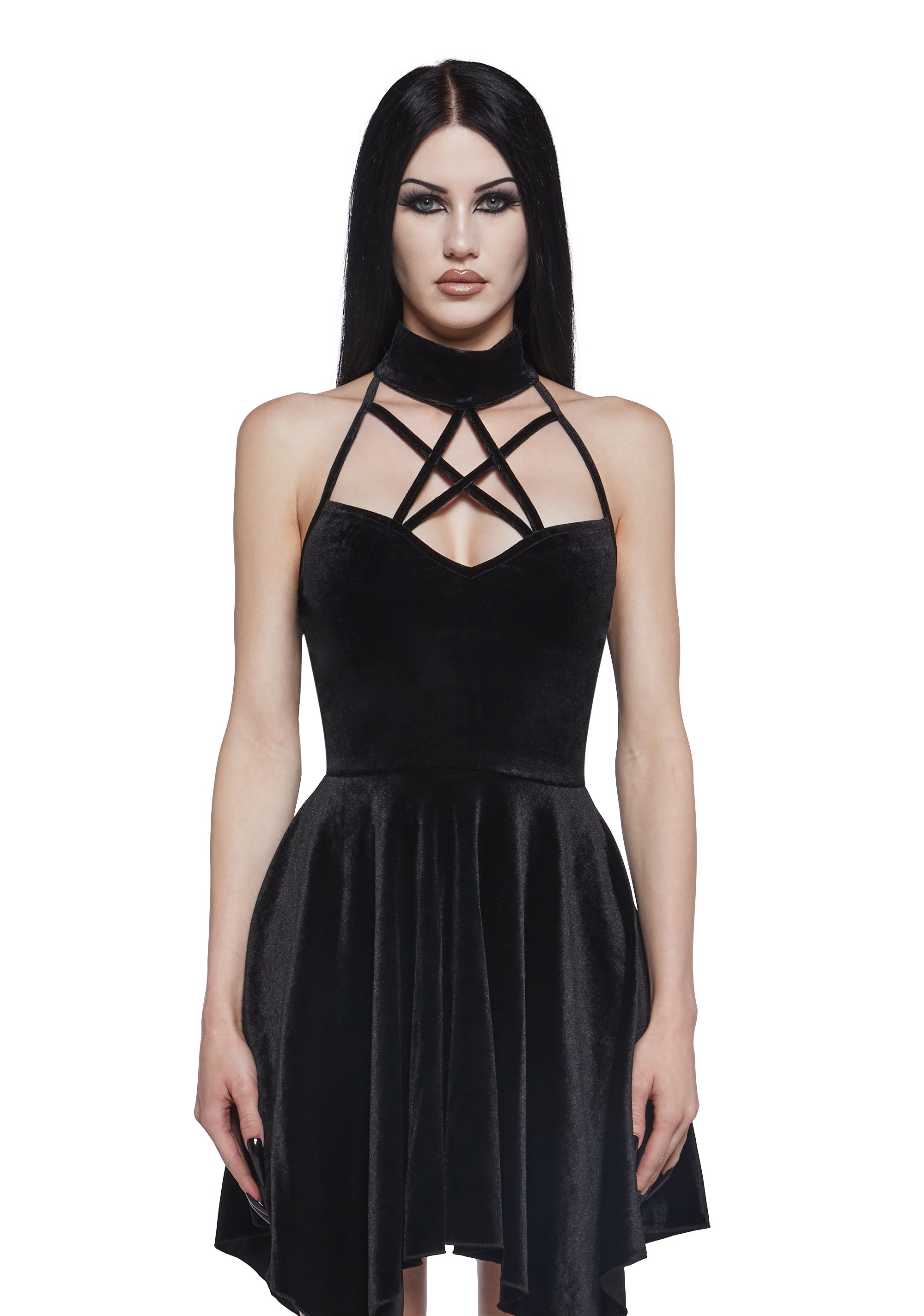 Stretchy Velvet Pentagram High Collar Mini Dress Widow - Black – Dolls Kill