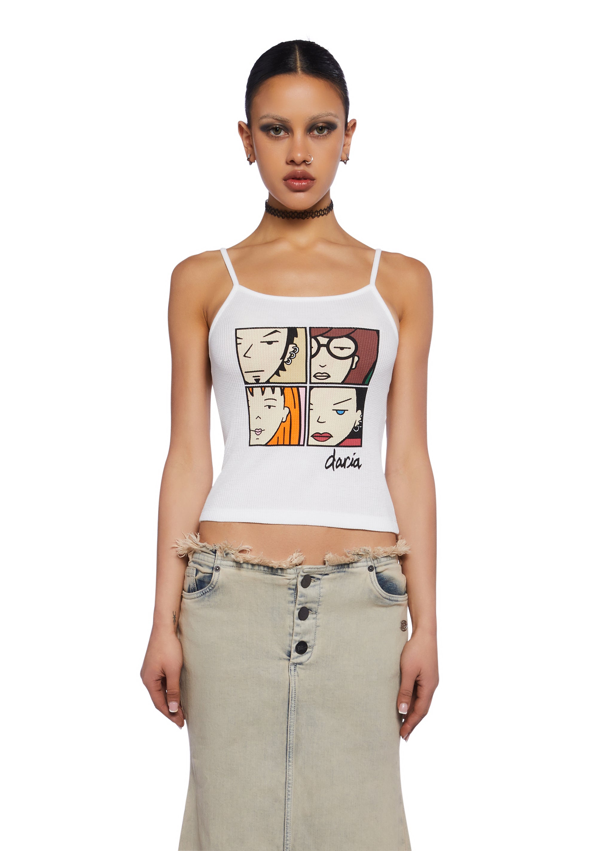 Basic Pleasure Mode Daria Stretchy Waffle Knit Graphic Tank Top - Off White – Dolls Kill