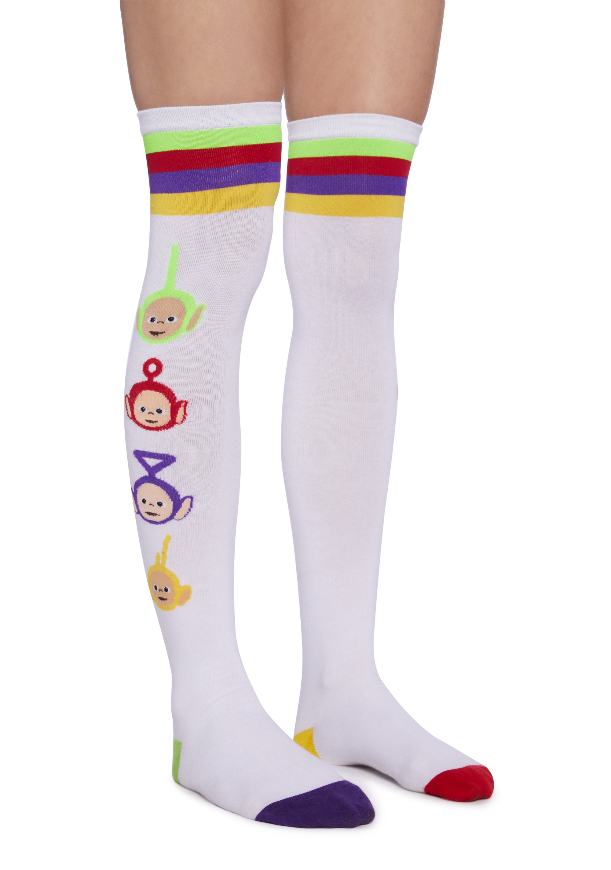 Dolls Kill x Teletubbies Embroidered Striped Thigh High Socks Tinky Winky Dipsy La La Po - White