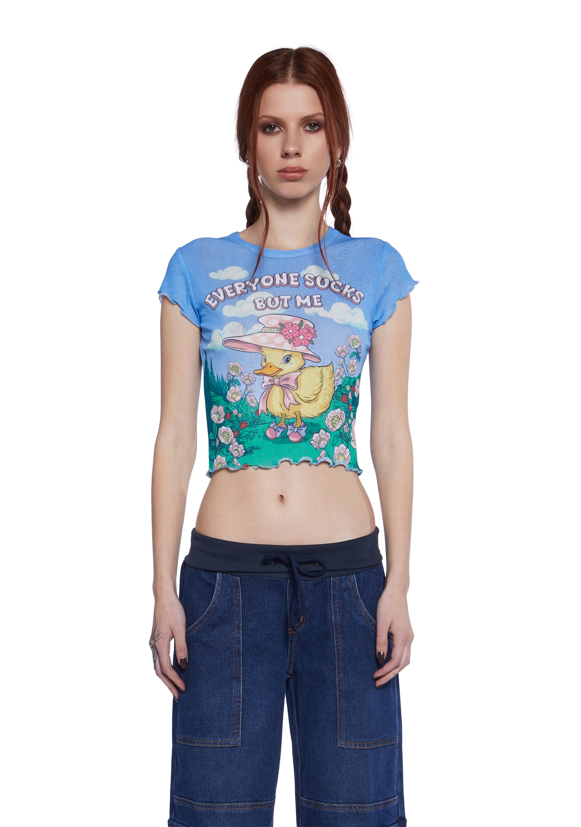 Delia's Everyone Sucks But Me Meadow Duck Cottagecore Graphic Baby Crop Tee - Multi – Dolls Kill