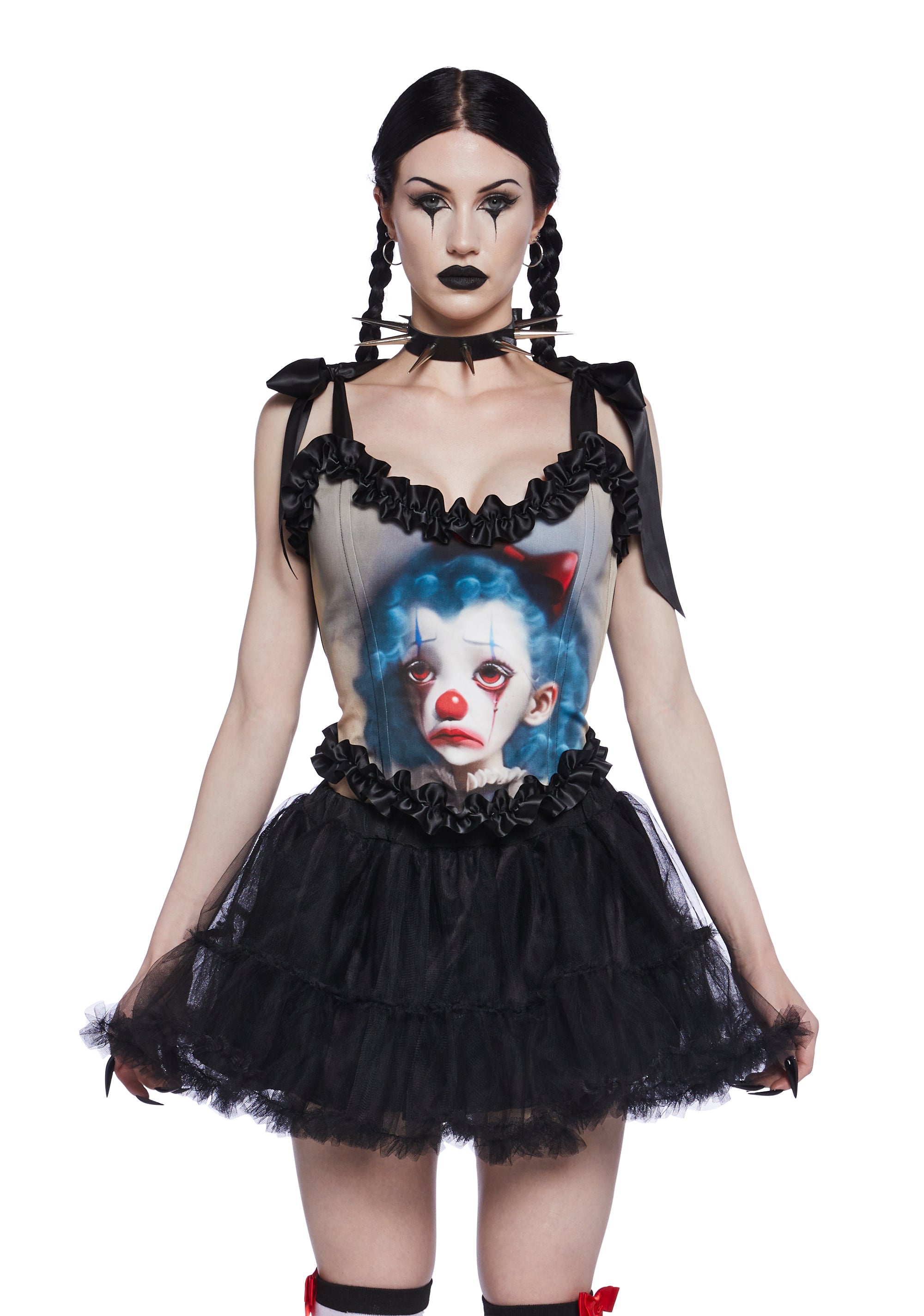 Sexy Womans Halloween Costume Sad Girl Clown Twill Corset Top With Ribbon Details - Black ...