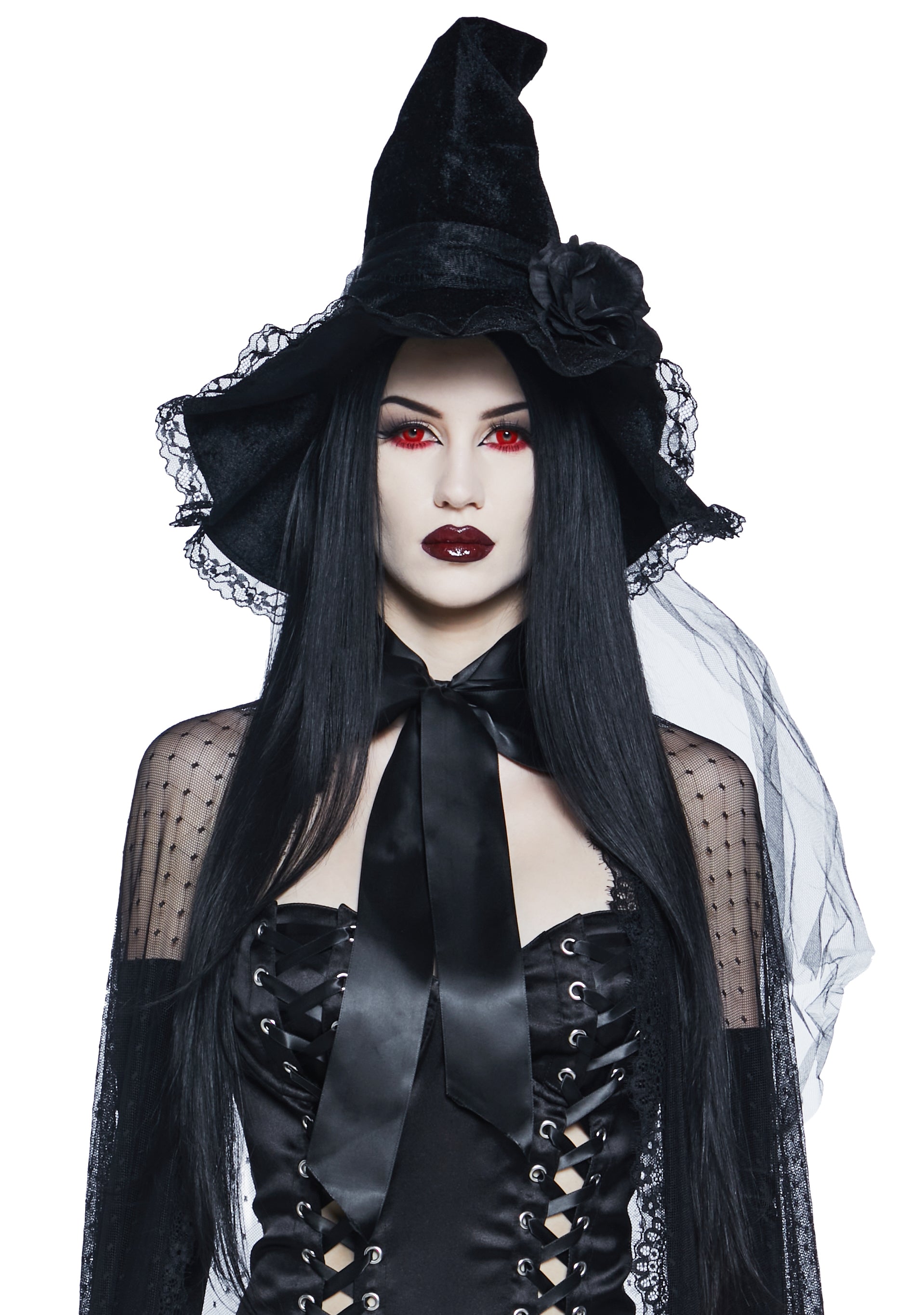 Halloween Costume Velvet Tulle Bow Rose Witch Hat - Black – Dolls Kill