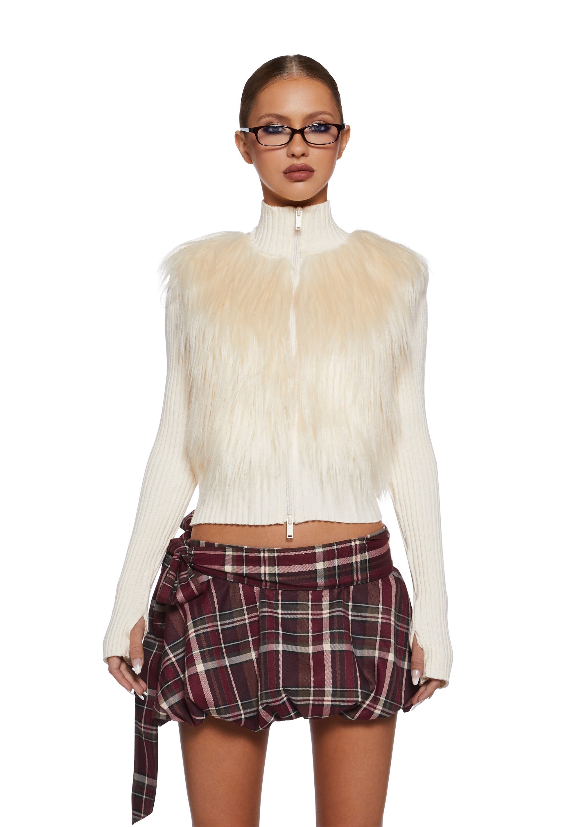 Ribbed Knit Faux Fur Mock Neck Zip-Up Cardigan Generation Ribbed Knit Faux Fur Mock Neck Zip-Up Cardigan Generation