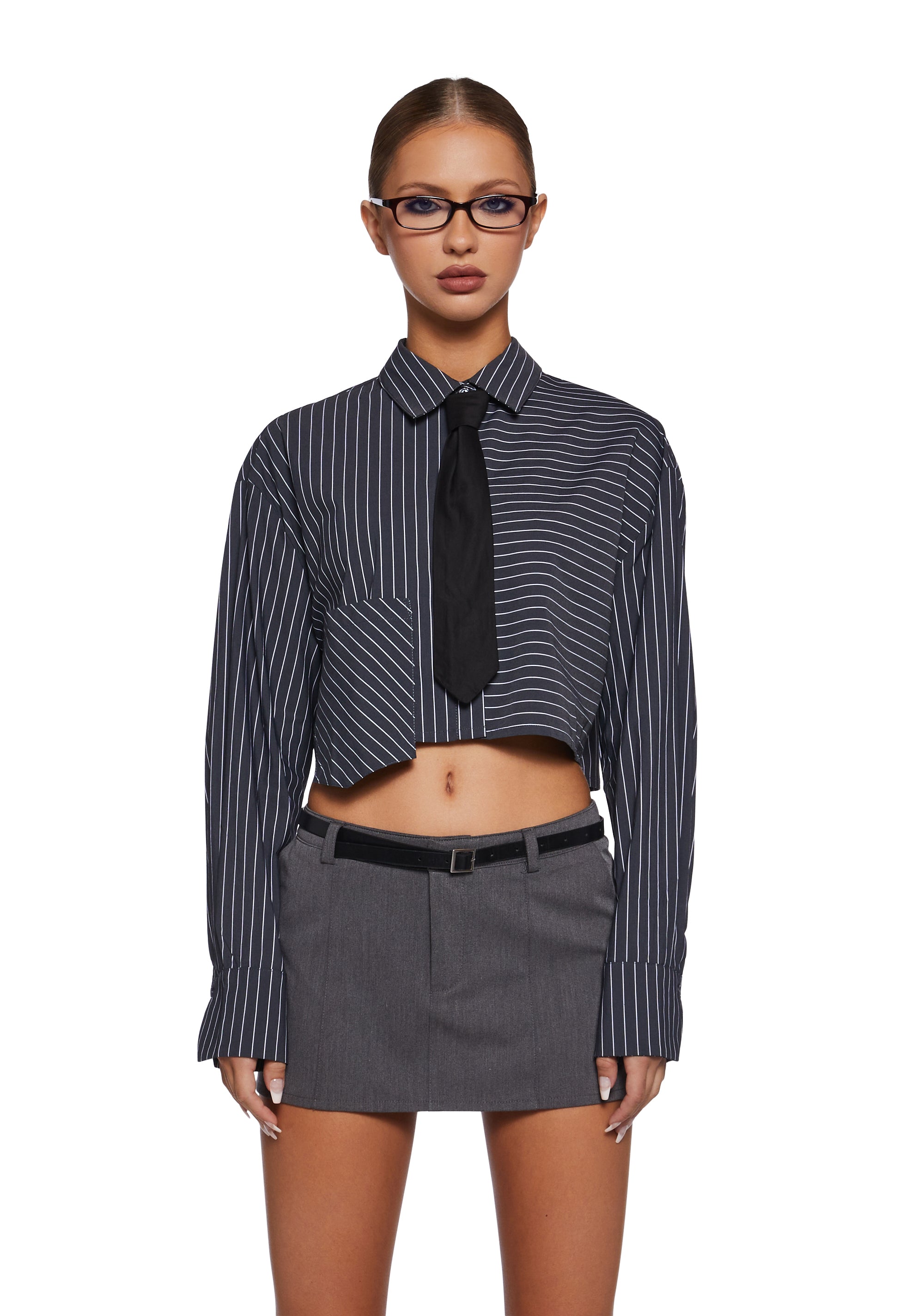 Womens Sexy Office Striped Button Up Crop Top With Tie - Gray – Dolls Kill