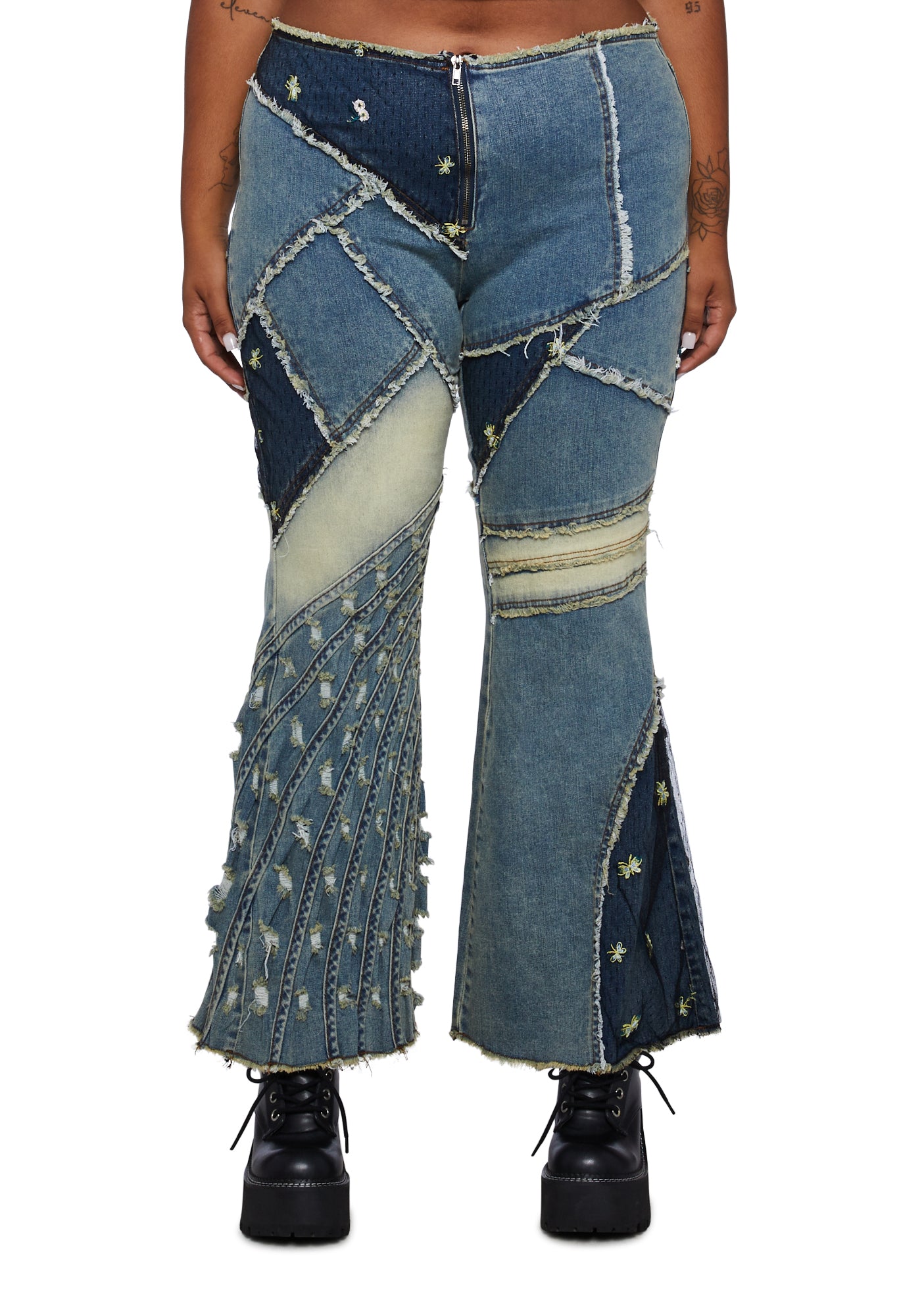 Plus Size Delia's Patchwork Raw Hem Embroidered Denim Flare Jeans - Blue – Dolls Kill