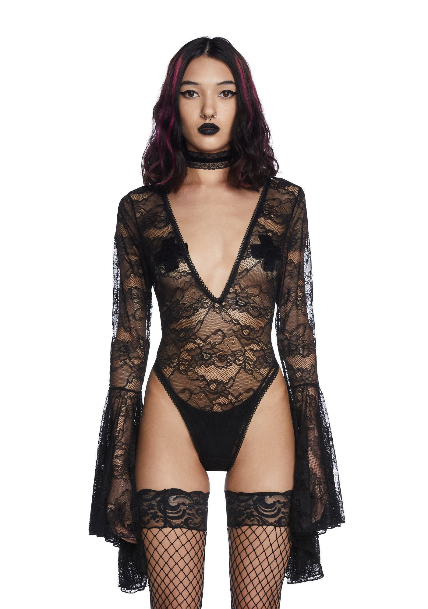 Widow Lace Bell Sleeve Plunging Bodysuit - Black – Dolls Kill