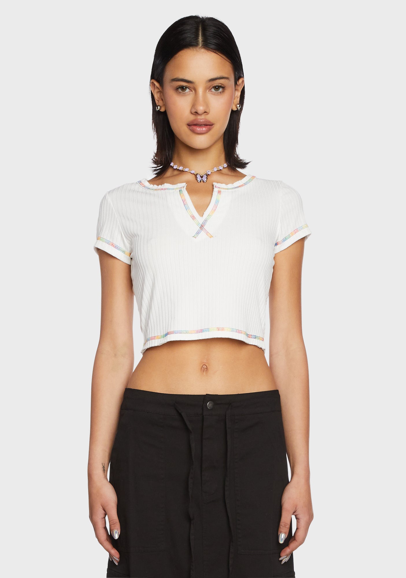 Delia's Rainbow Stitch Crop Tee - White – Dolls Kill