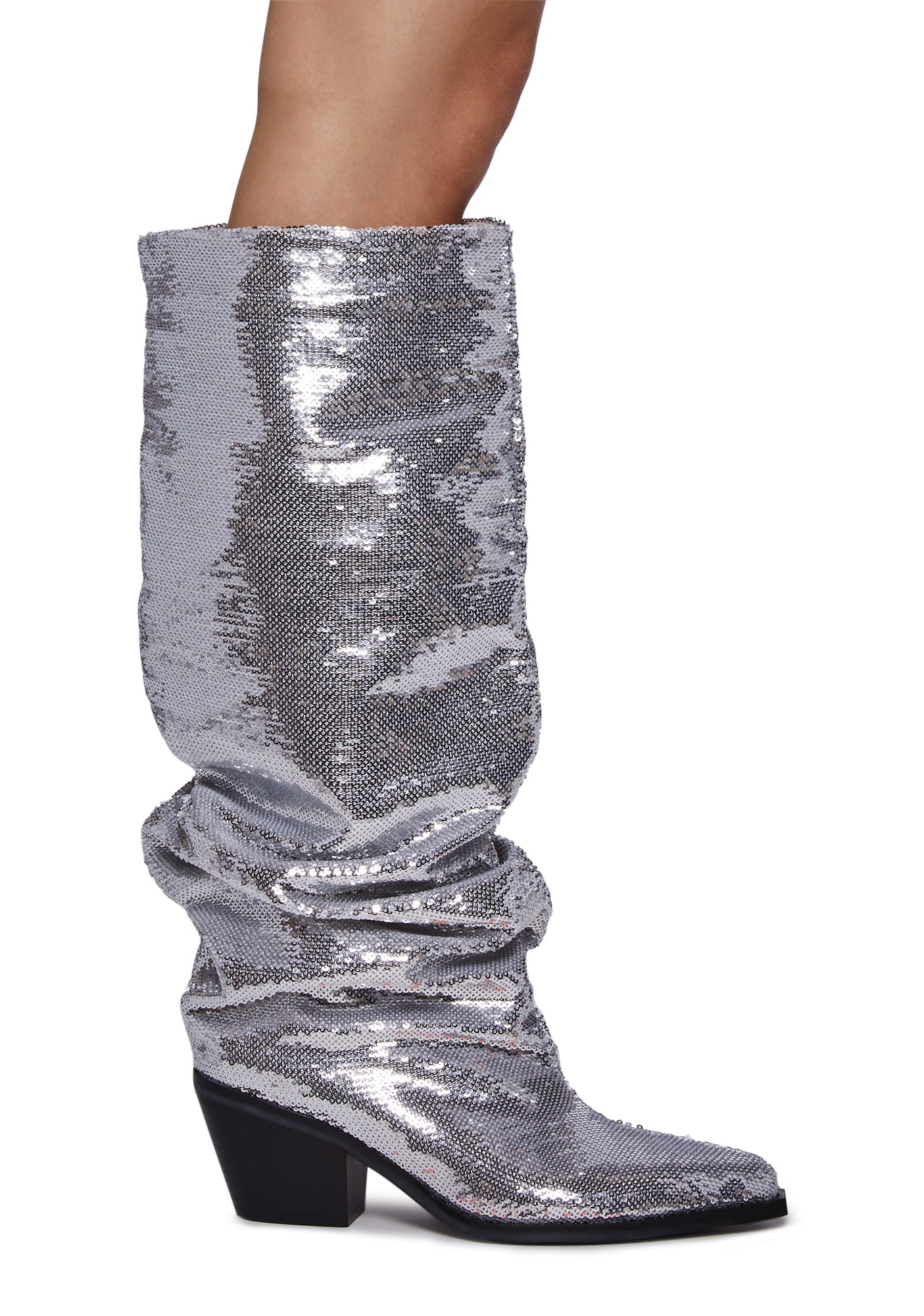 Azalea Wang Sequin Knee High Cowboy Boots - Silver – Dolls Kill