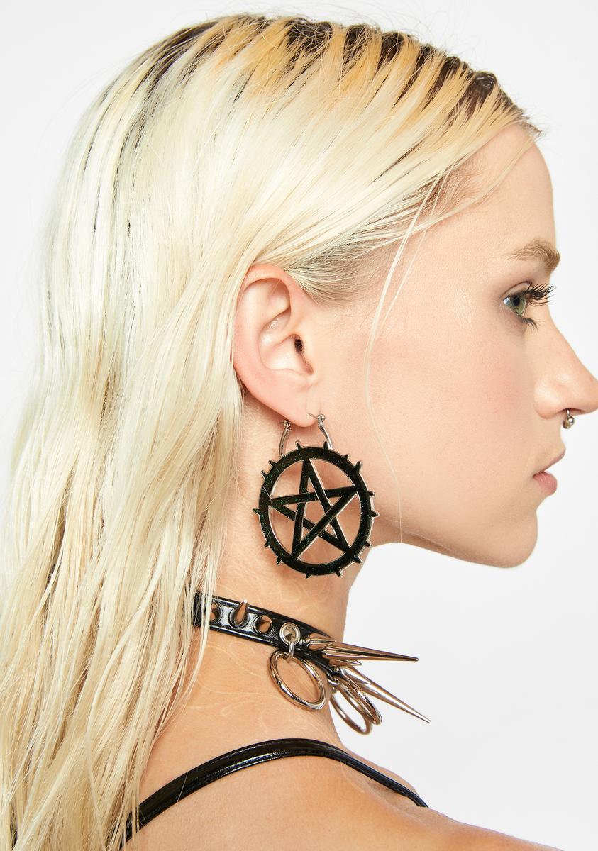 Spiked Pentagram Hoop Earrings With Green Glitter Black Dolls Kill
