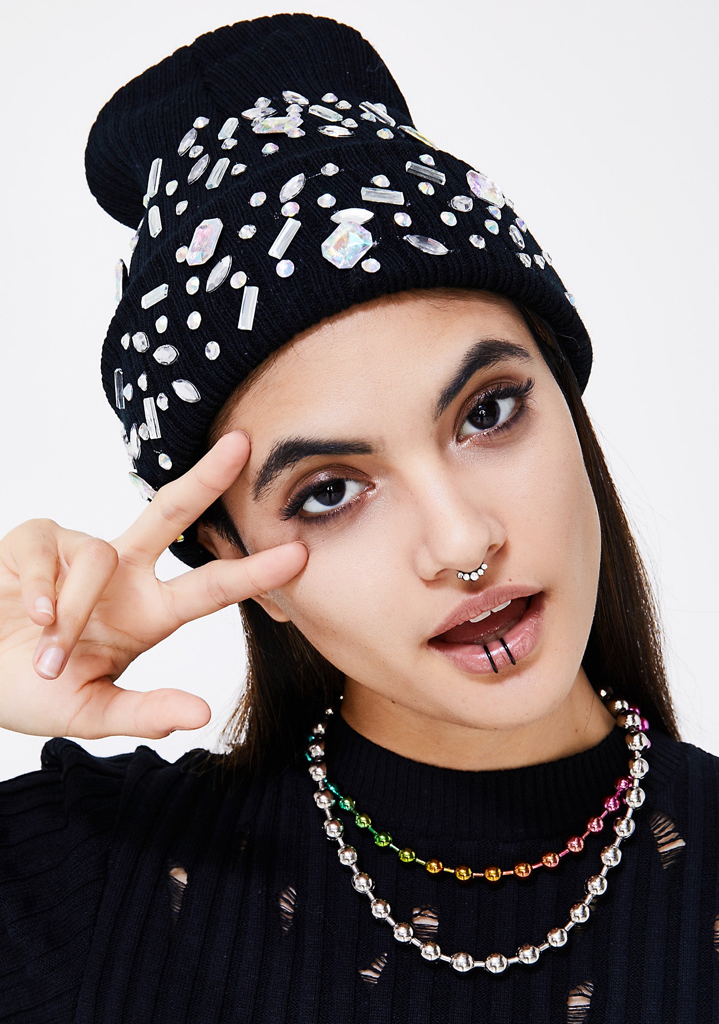 Black Jeweled Knit Beanie – Dolls Kill