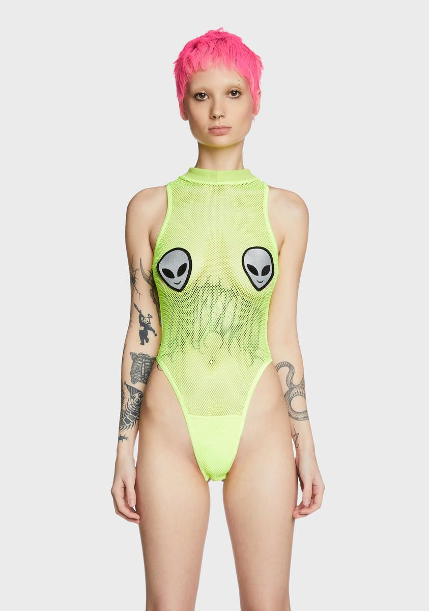Club Exx Alien Head Patch Fishnet Bodysuit - Green – Dolls Kill