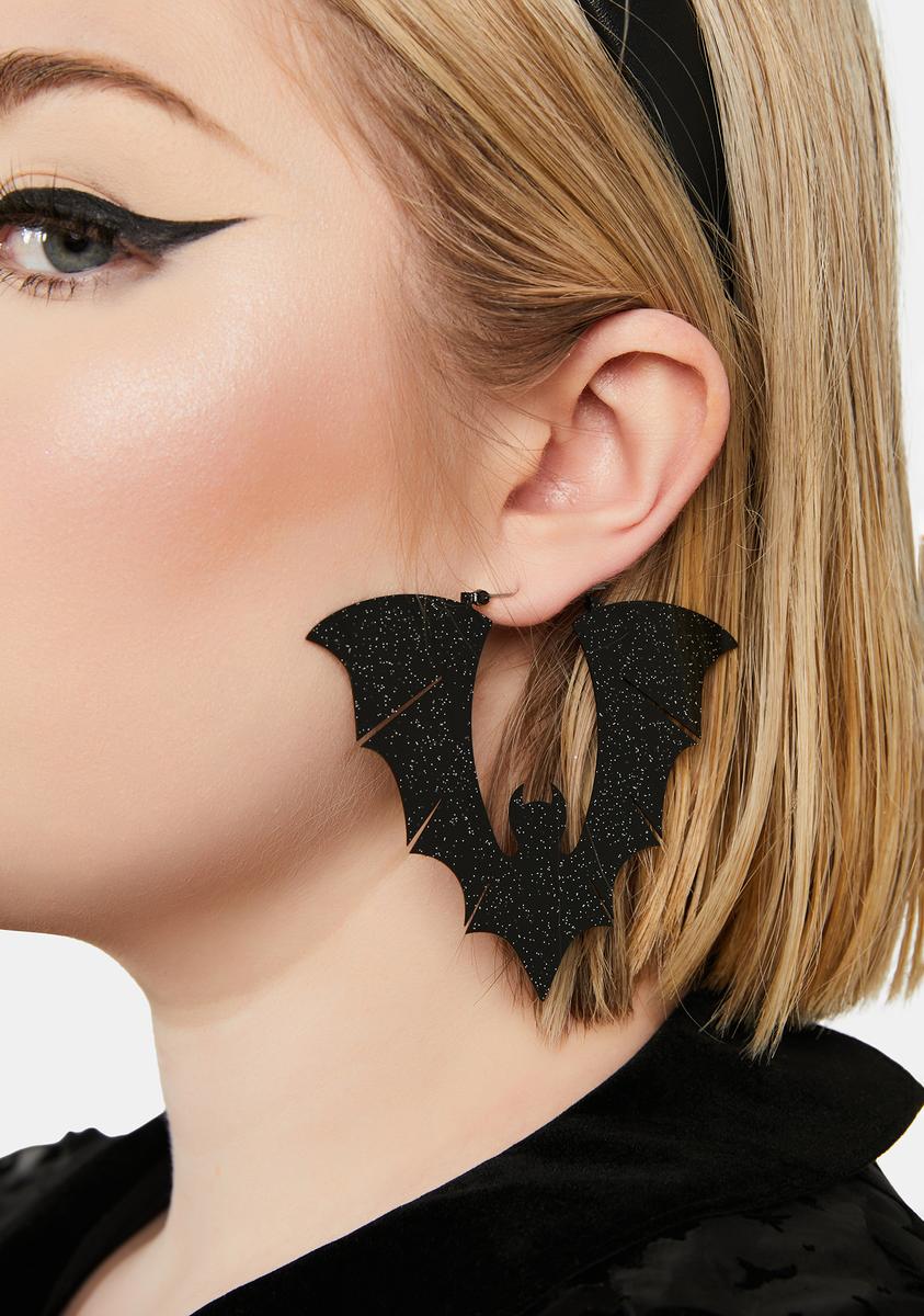 Too Fast Glitter Bat Shaped Earrings - Black – Dolls Kill
