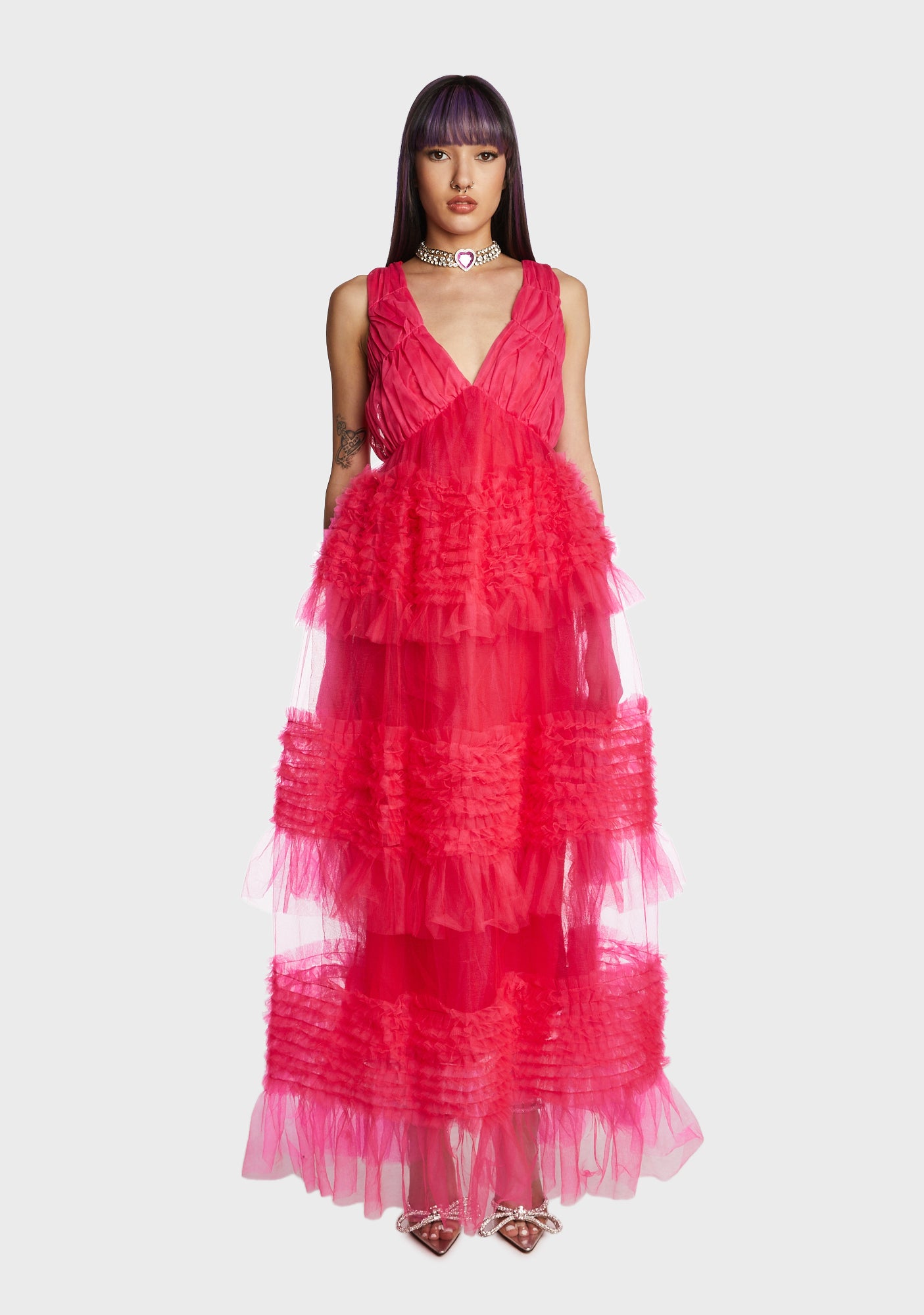 Amylynn Ruffle Tulle Mesh Maxi Dress - Pink – Dolls Kill