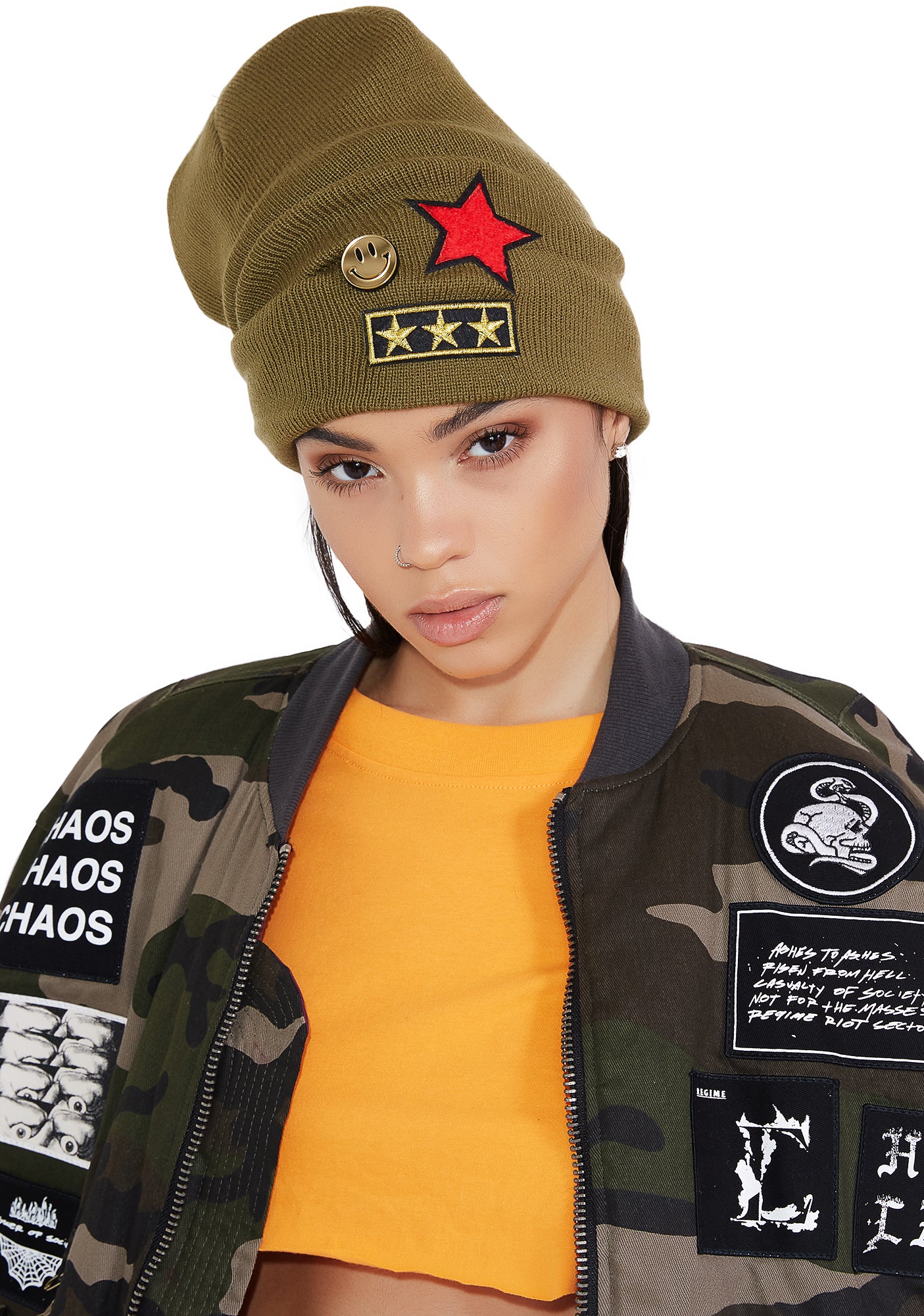 Green Military Patch Beanie – Dolls Kill