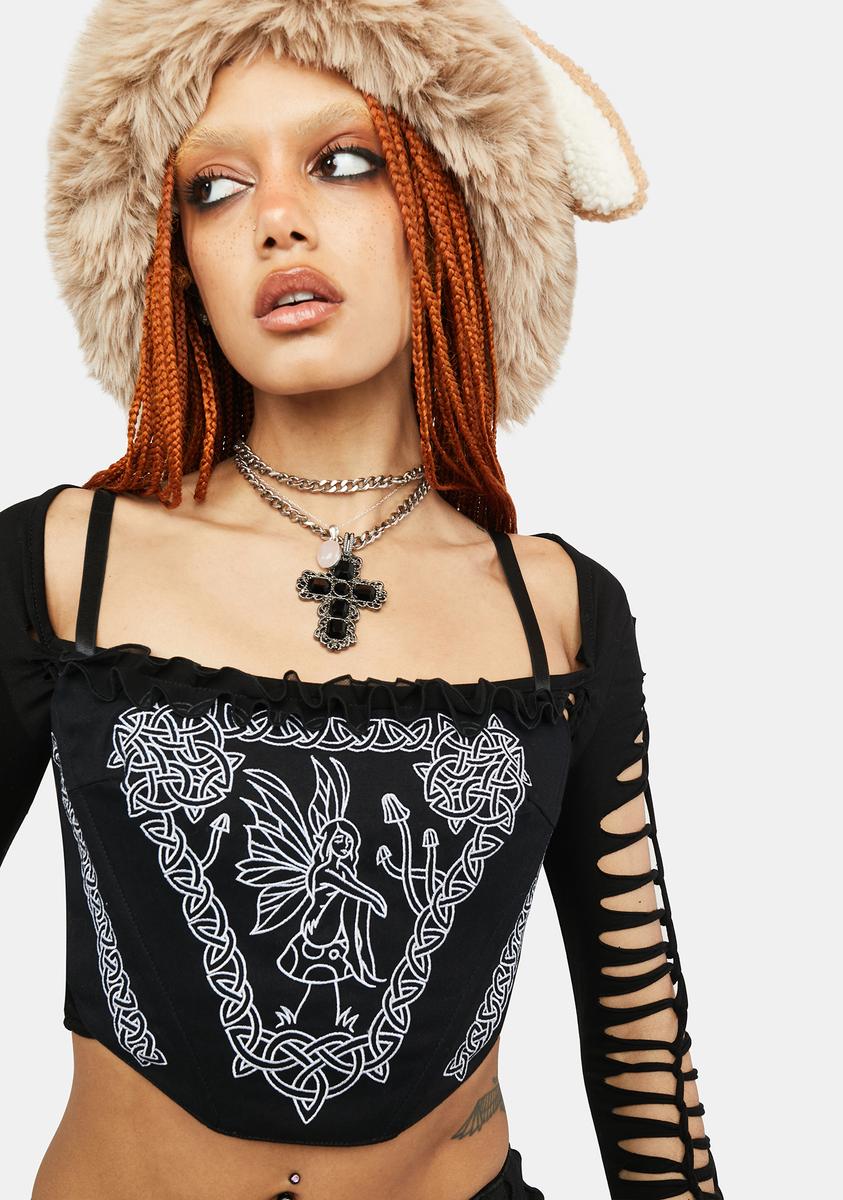 Current Mood Mushroom Fairy Embroidered Denim Corset Crop Top Black