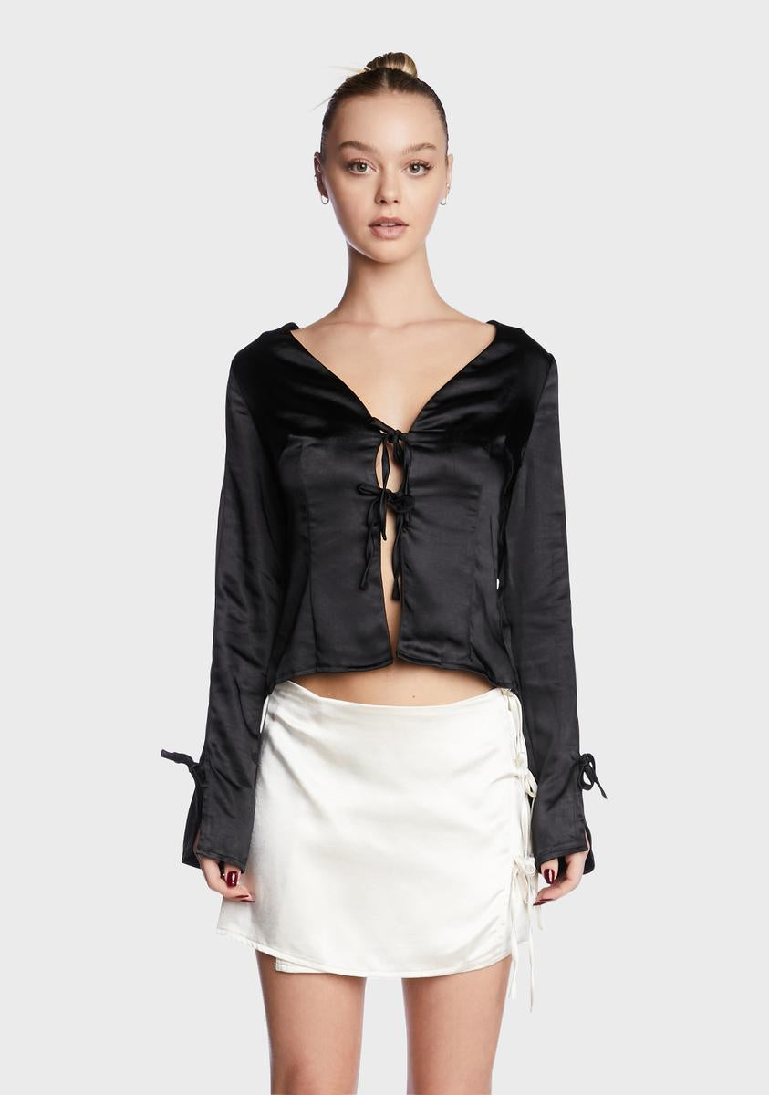 Motel Satin Tie Up Open Long Sleeve Top Black Dolls Kill