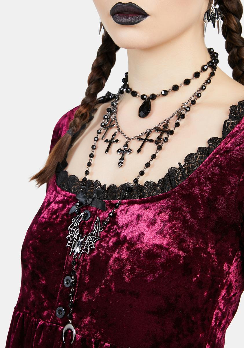 Cross Bat Moon Layered Necklace - Silver/Black – Dolls Kill