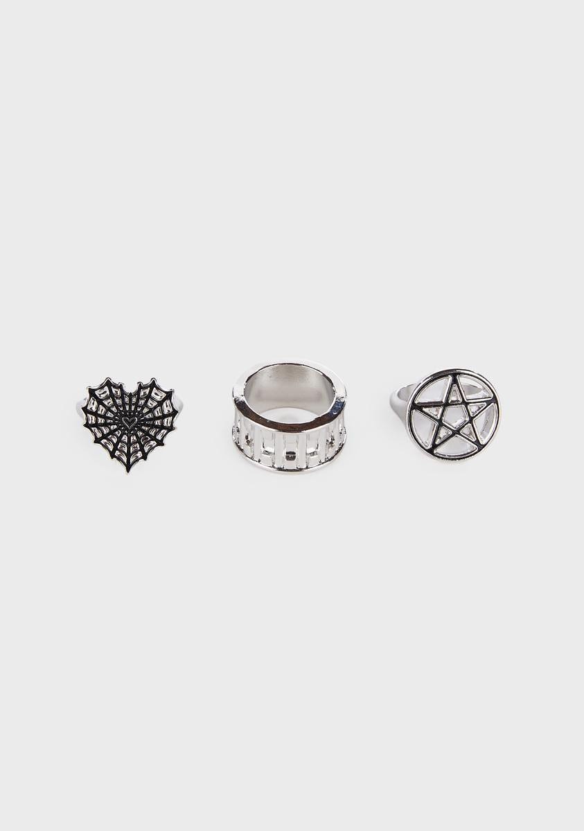 Pentagram Star Heart Shaped Spiderweb Ring Set - Silver – Dolls Kill