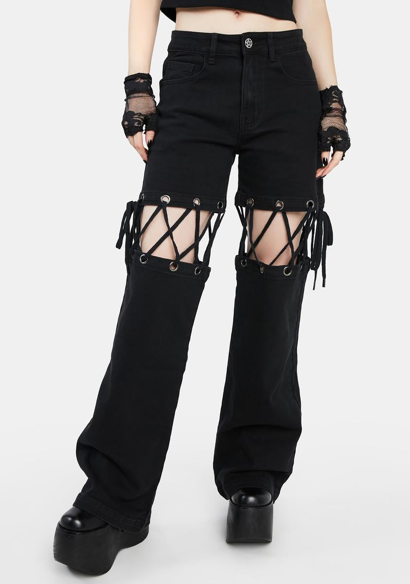 The Grave Girls Wide Leg Cut Out Lace Up Pants Black Dolls Kill
