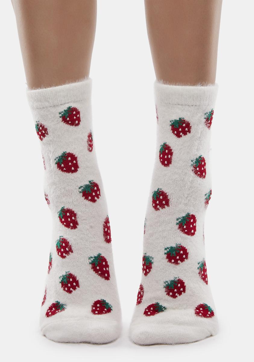 MeMoi Strawberry Fuzzy Knit Crew Socks - White – Dolls Kill