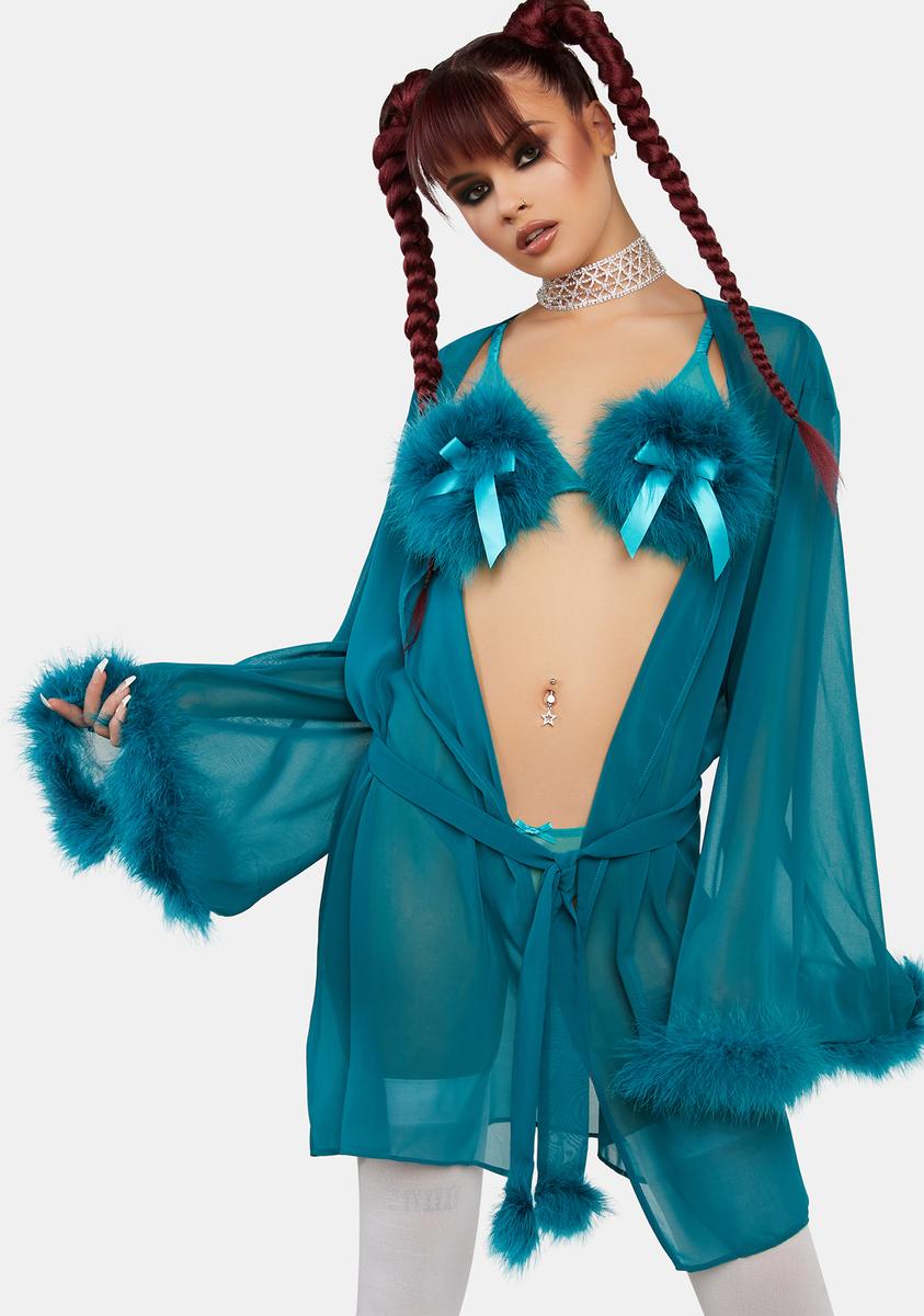 Playful Promises Chiffon Sheer Marabou Fur Robe - Teal – Dolls Kill