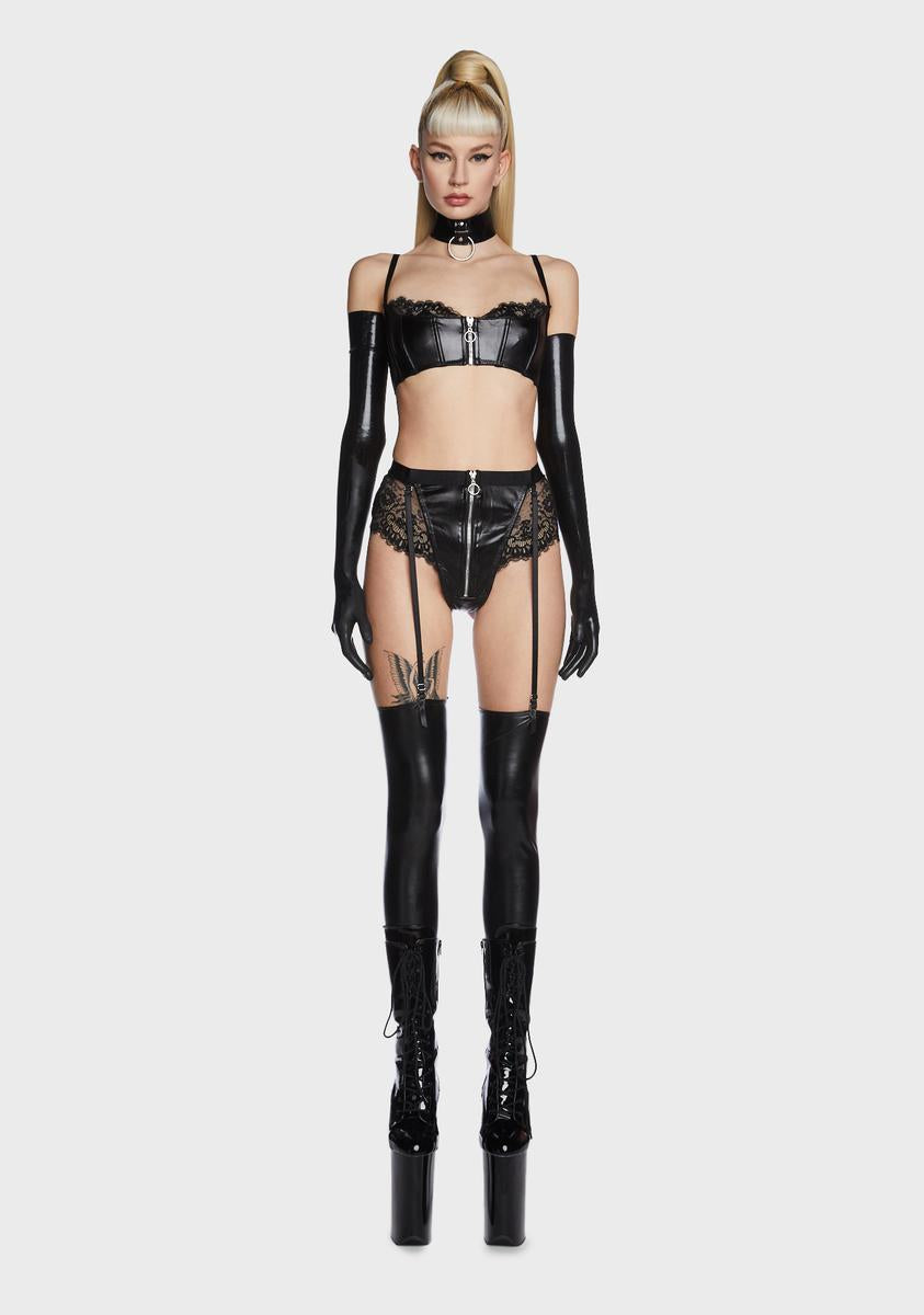 Vegan Leather Lace Bra Garter Panty Set - Black – Dolls Kill