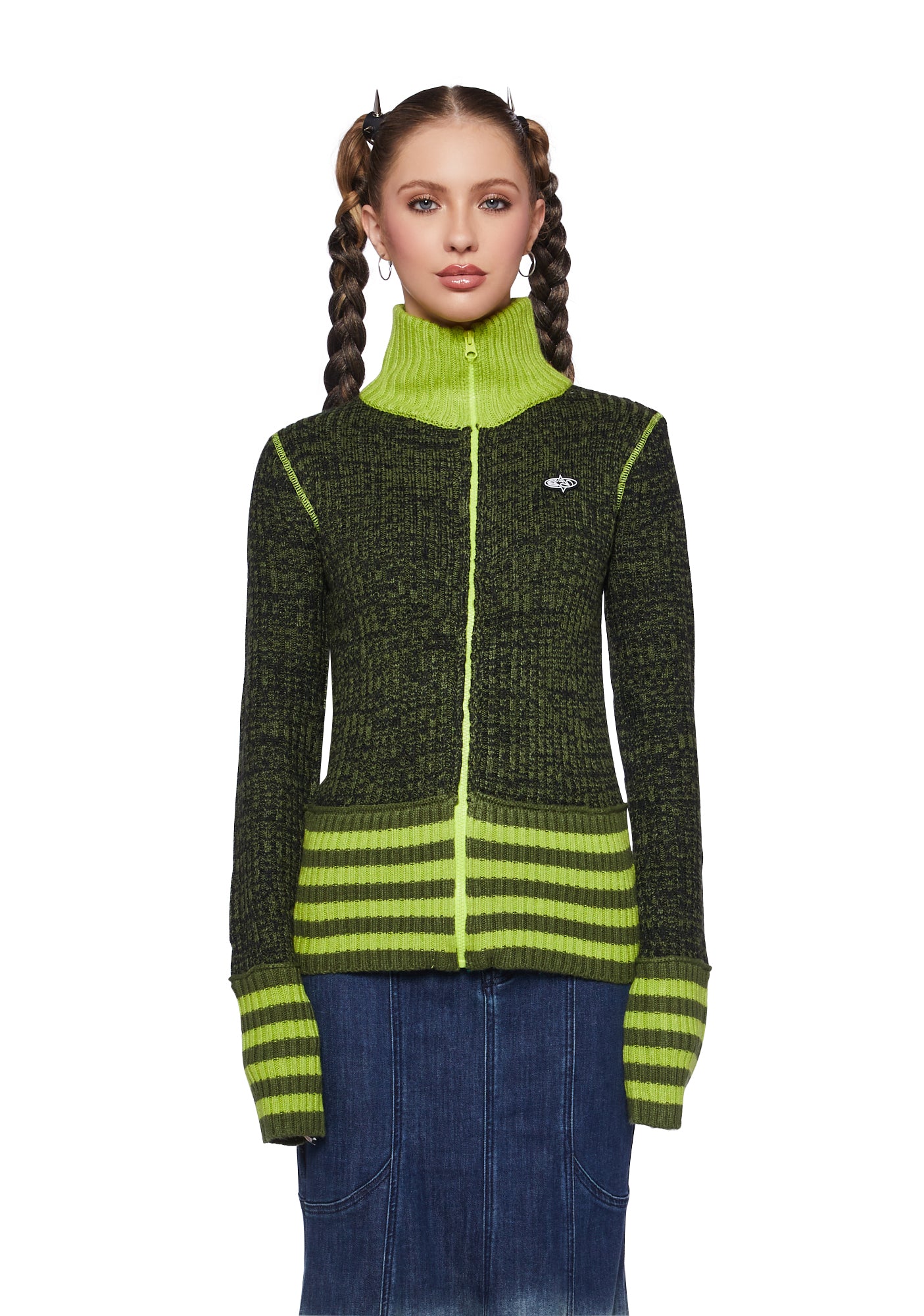 Basic Pleasure Mode Knit Striped Track Jacket- Green – Dolls Kill