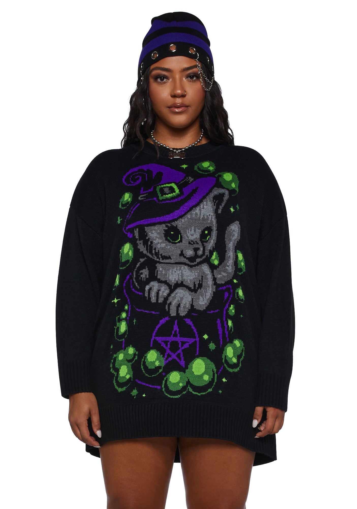 Plus Trickz N' Treatz Witchy Kitten Graphic Oversized Sweater - Black – Dolls Kill