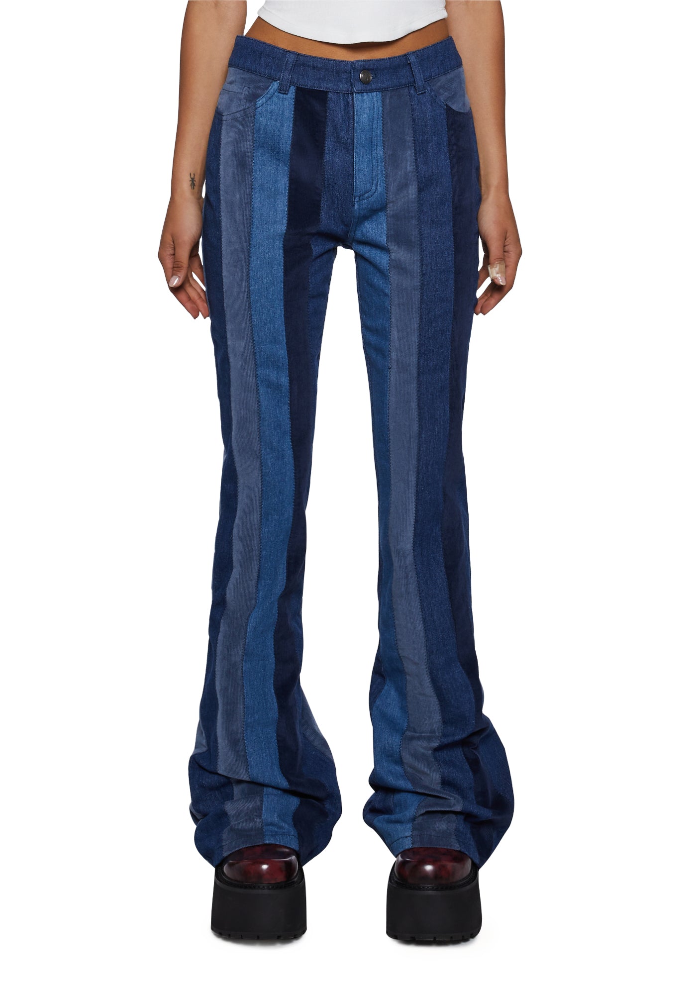 Current Mood Patchwork Denim And Corduroy Flare Pants - Blue – Dolls Kill