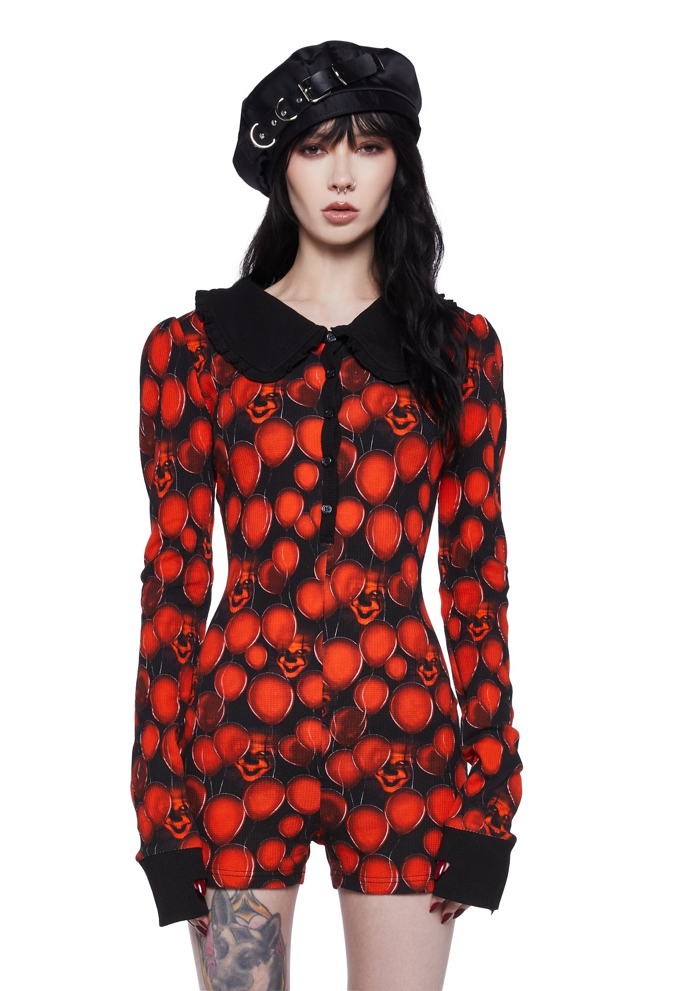 Dolls Kill X Wb Horror Sexy Womans Halloween Costume Pennywise Balloon Thermal Romper Pj Multi