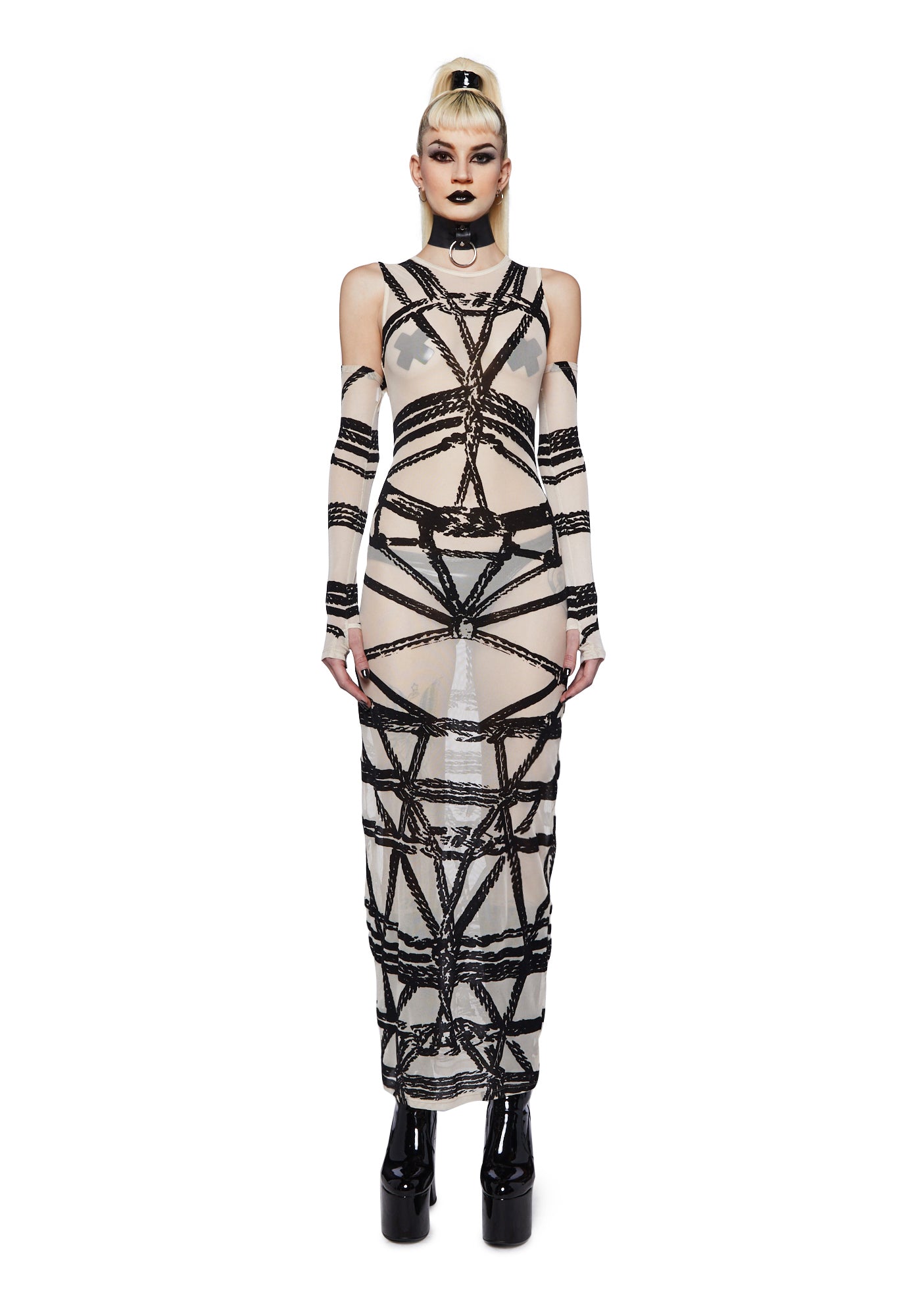 Widow Shibari Bondage Graphic Mesh Maxi Dress - White/Black – Dolls Kill