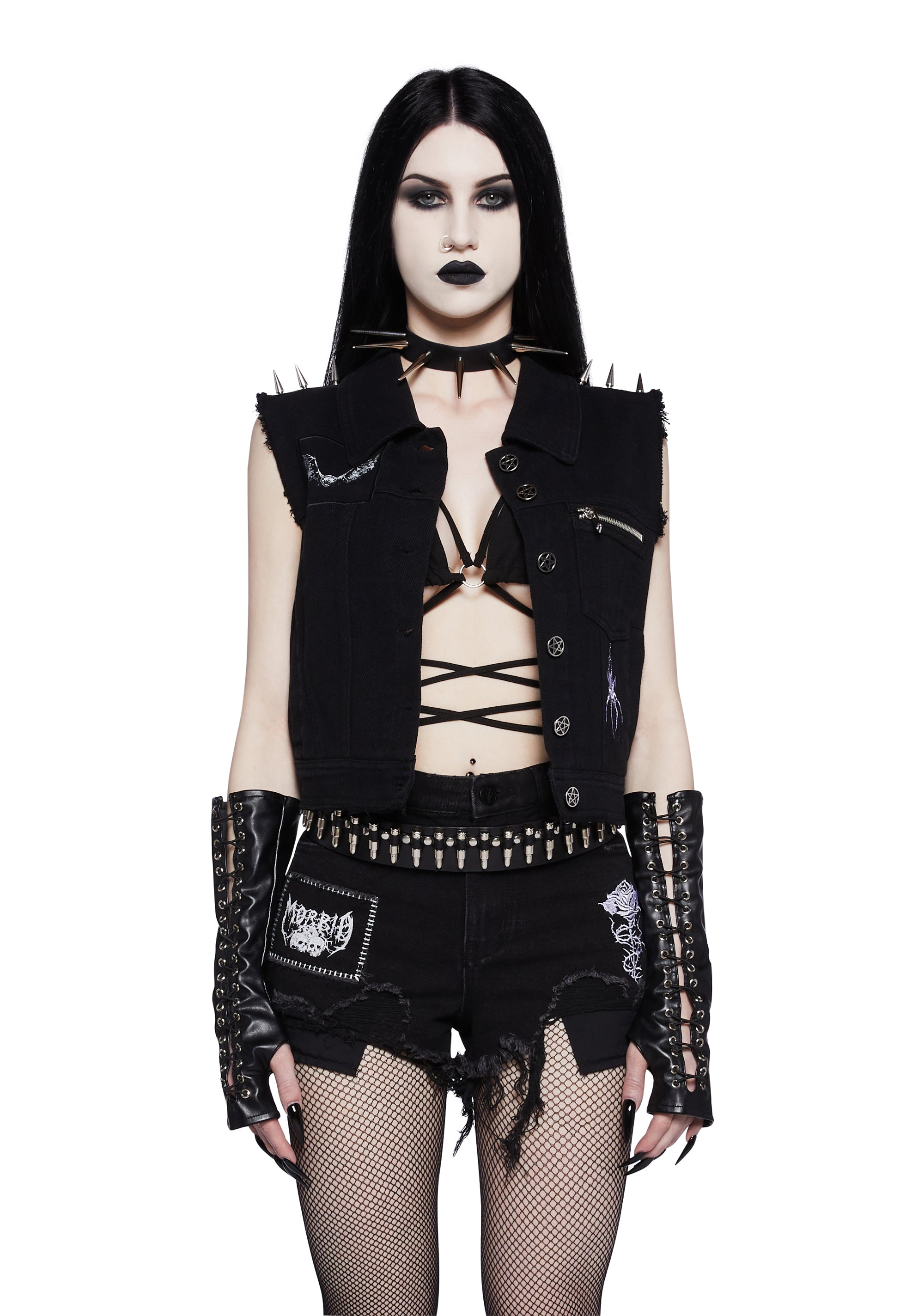 Widow Denim Demon Spike Patch Vest - Black – Dolls Kill