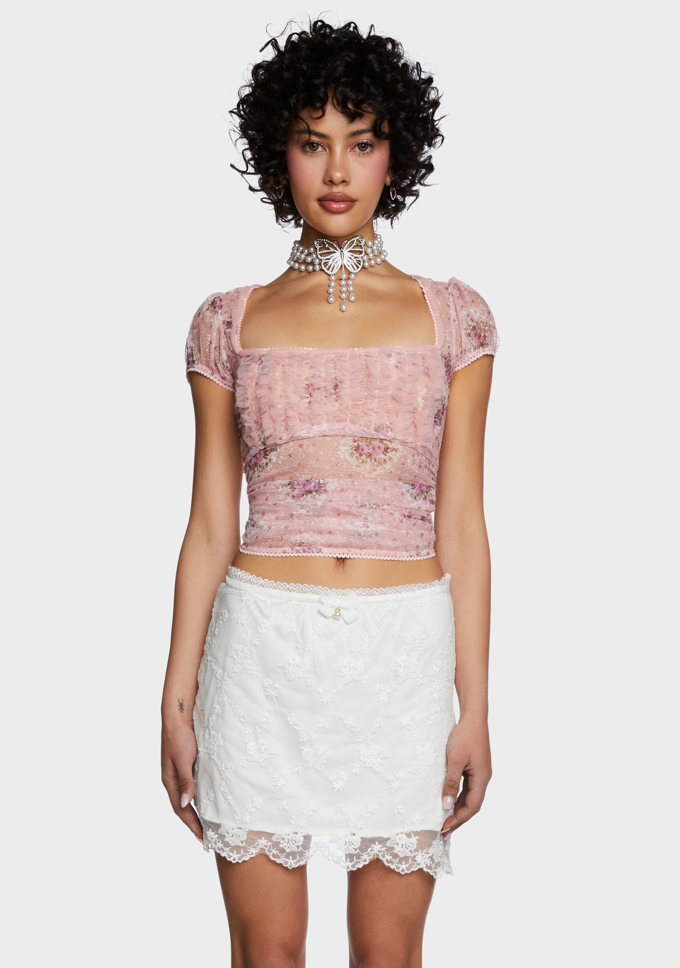 Sugar Thrillz Tulle Floral Print Crop Top Pink Dolls Kill