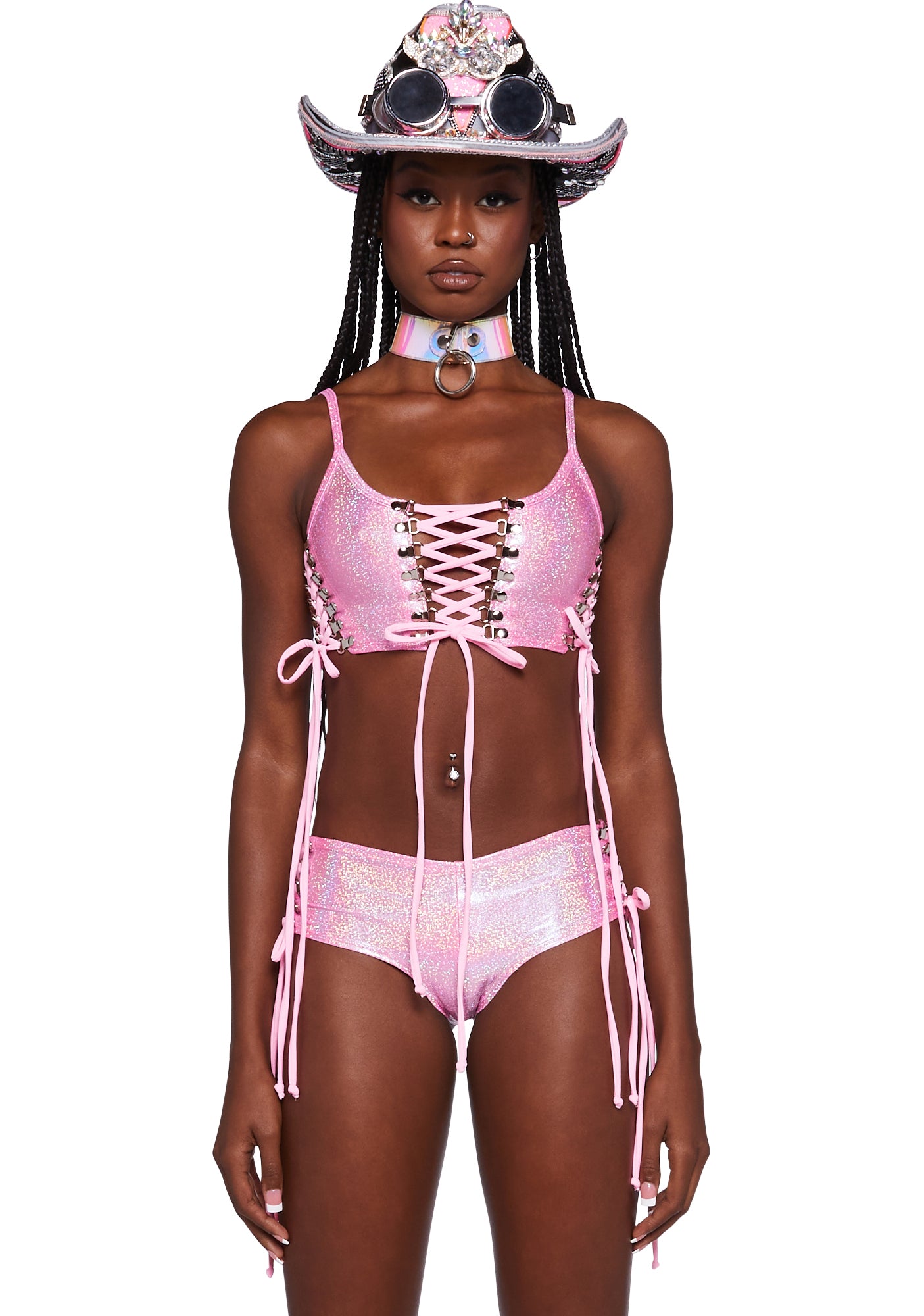J Valentine Glitter Vinyl Lace Up Crop Top Pink Dolls Kill