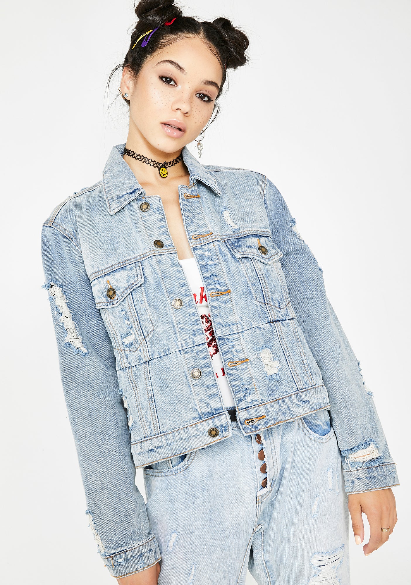 Denim Distressed Button Up Jacket – Dolls Kill