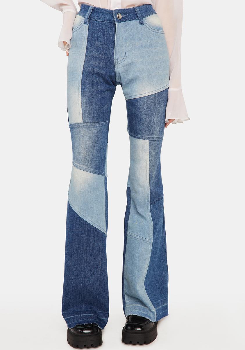 Current Mood Denim Patchwork Flare Pants - Blue – Dolls Kill