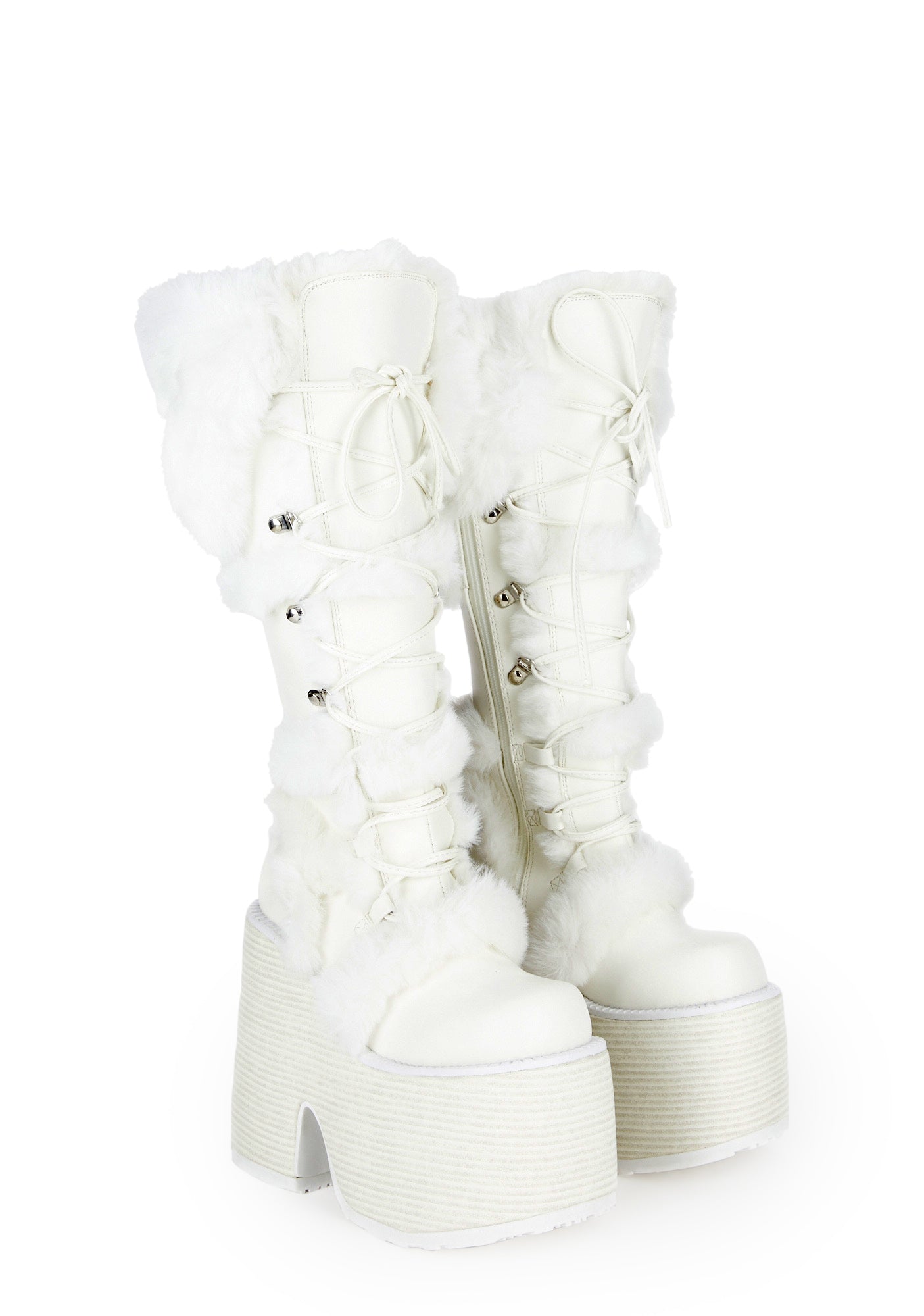 Demonia x Dolls Kill Eskimo-305 Faux Fur Knee High Platform Boots - White