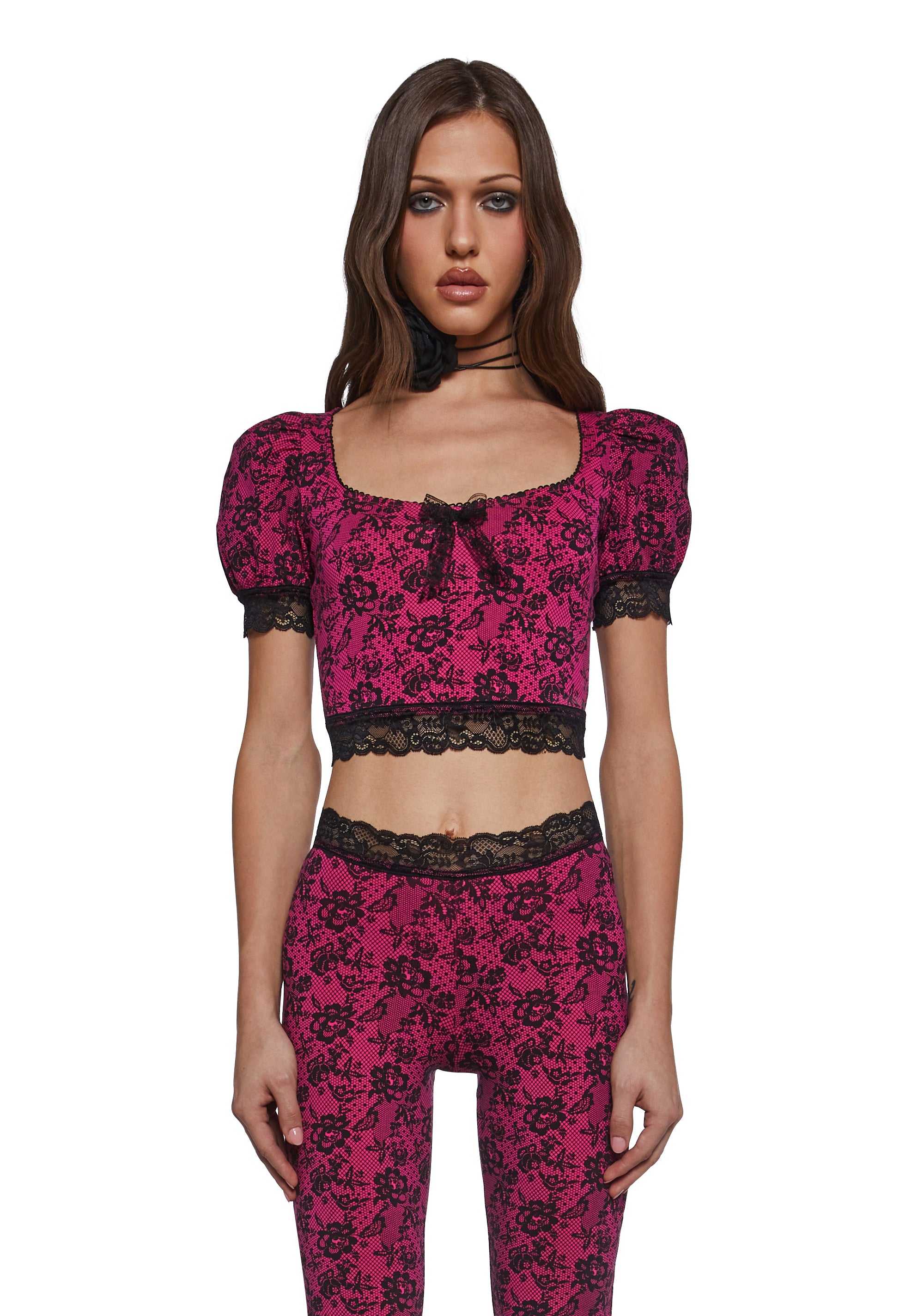 Betsey Johnson Lace Print Crop Top - Pink – Dolls Kill