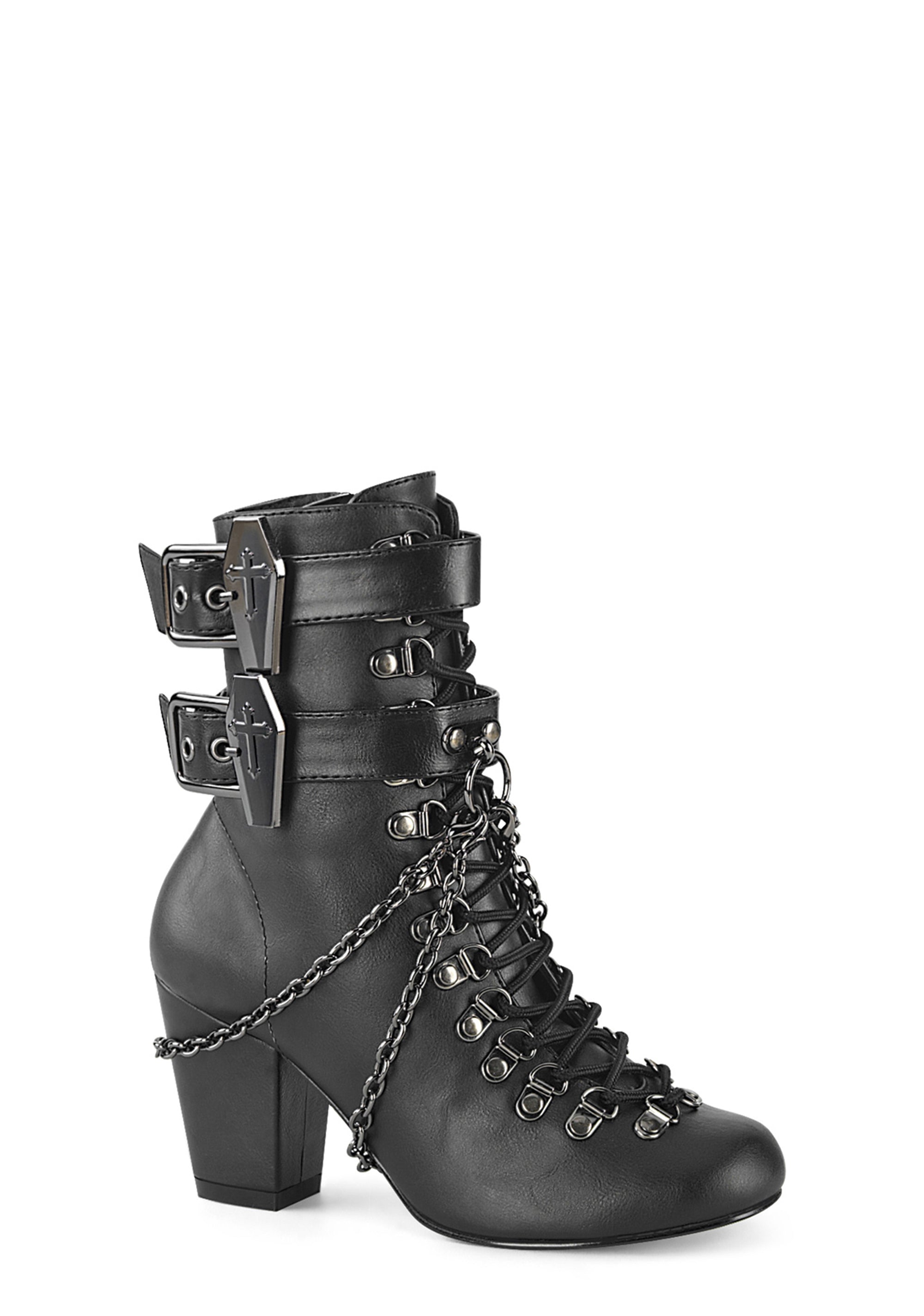 Demonia Vivika 128 Coffin Strap Chain Lace Up Boots - Black Patent ...