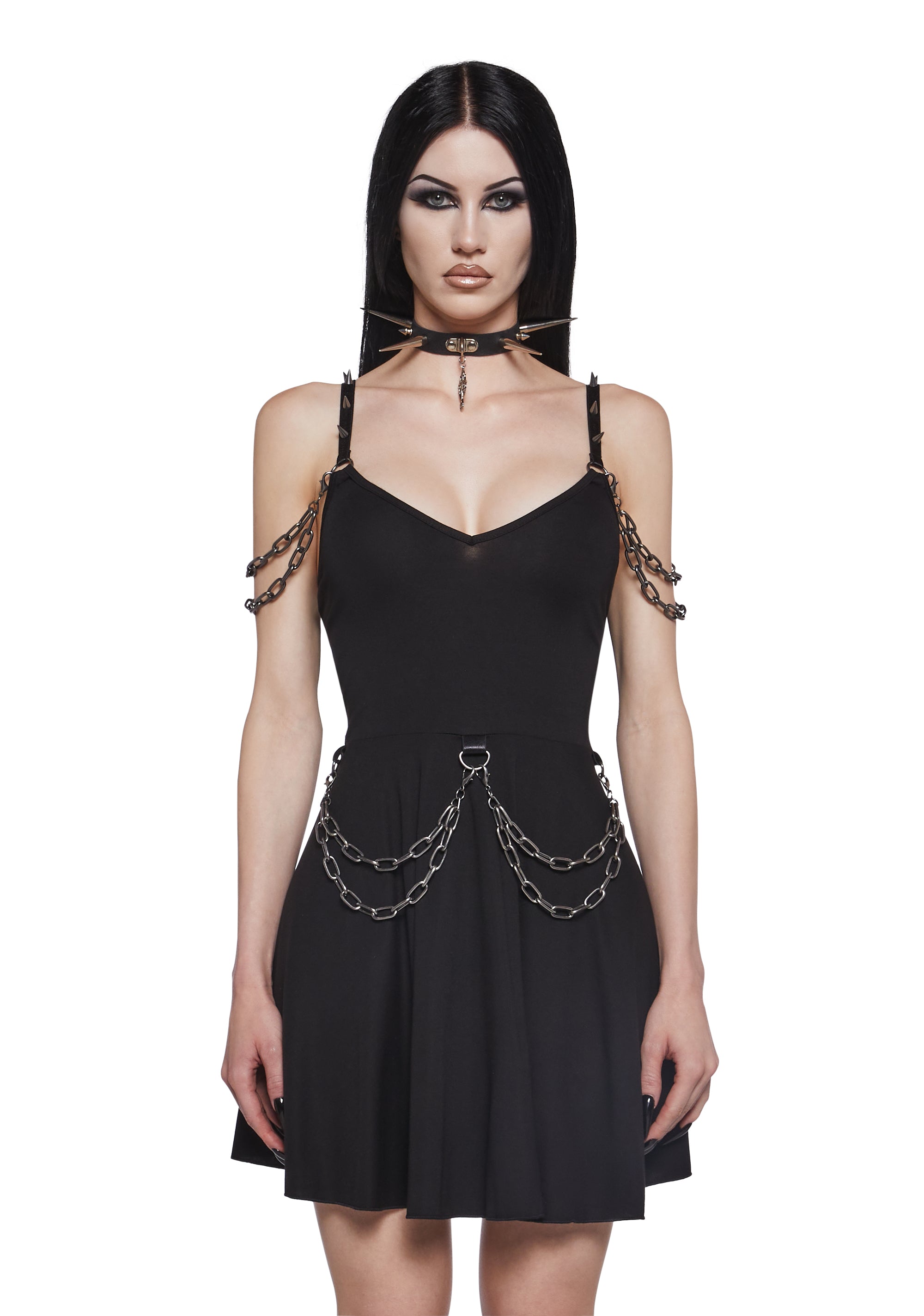 Womens Chain Link Mini Dress With Spikes Widow - Black – Dolls Kill