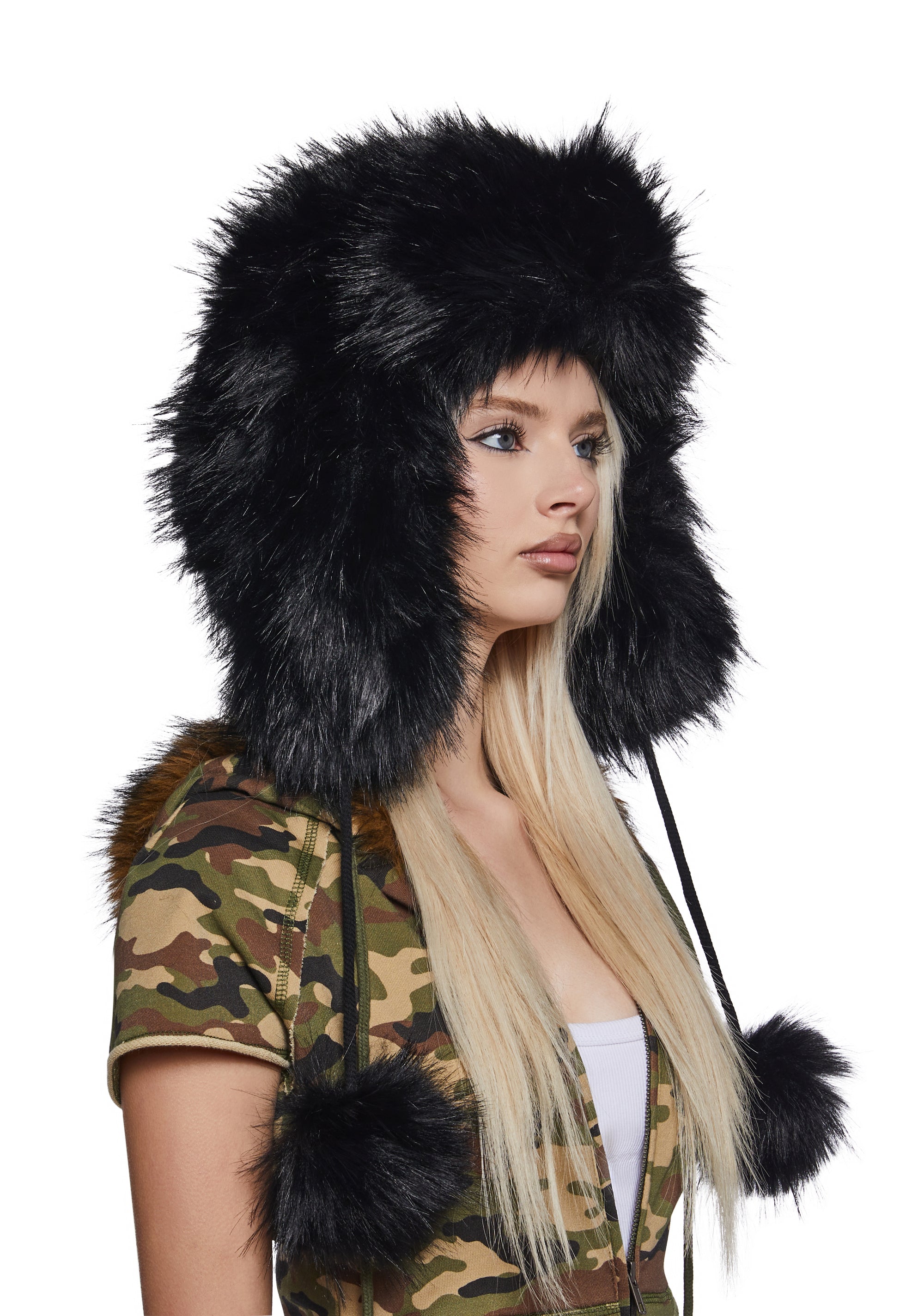 Faux Fur Flap Hat With Pom Poms Generation Kiss - Black – Dolls Kill