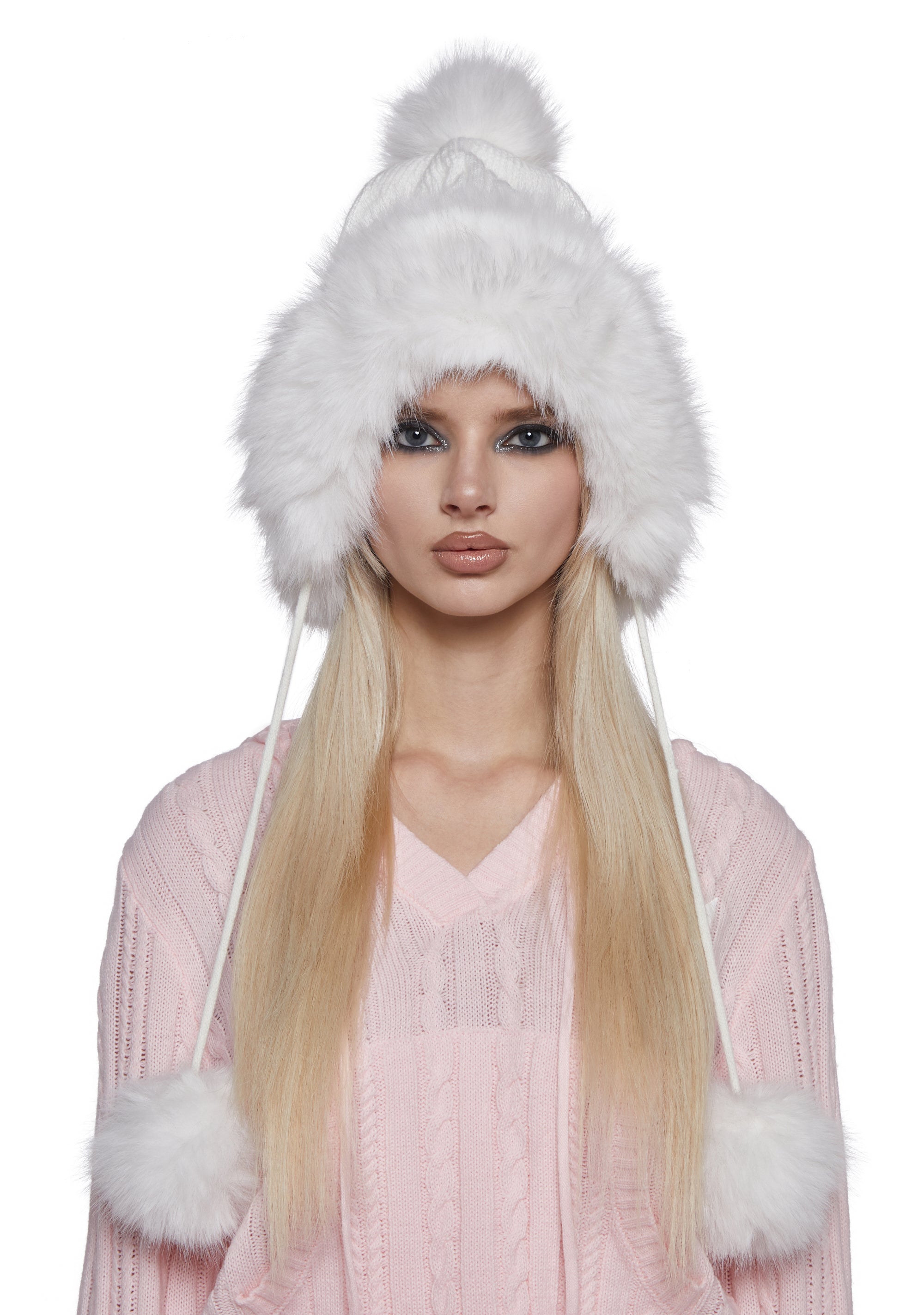 Faux Fur Hat With Pom Poms Generation Kiss - White – Dolls Kill