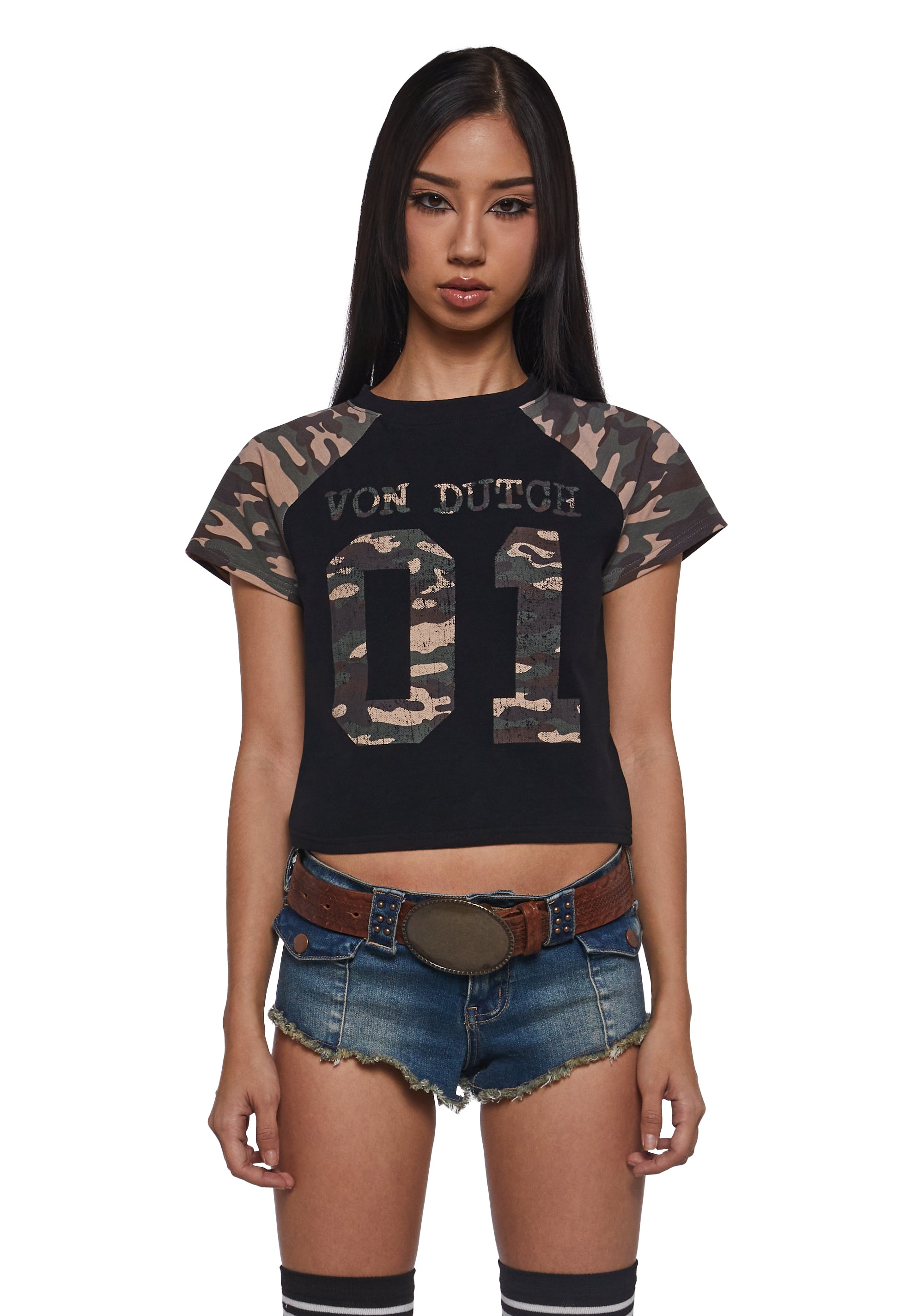 Von Dutch Sporty Camo Raglan Tee - Black – Dolls Kill