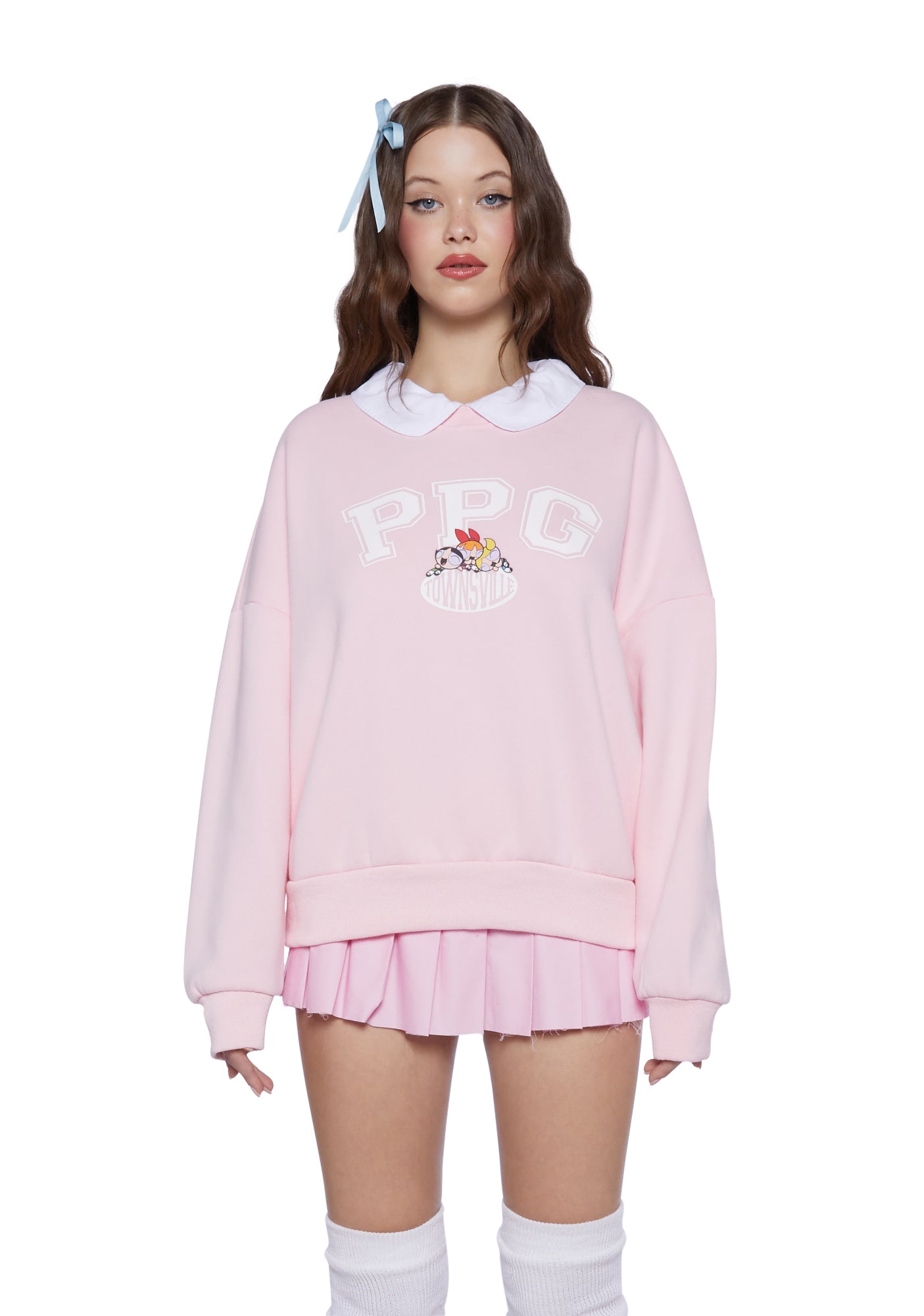 Dolls Kill X Powerpuff Girls Varsity Graphic Collar Crewneck - Pink