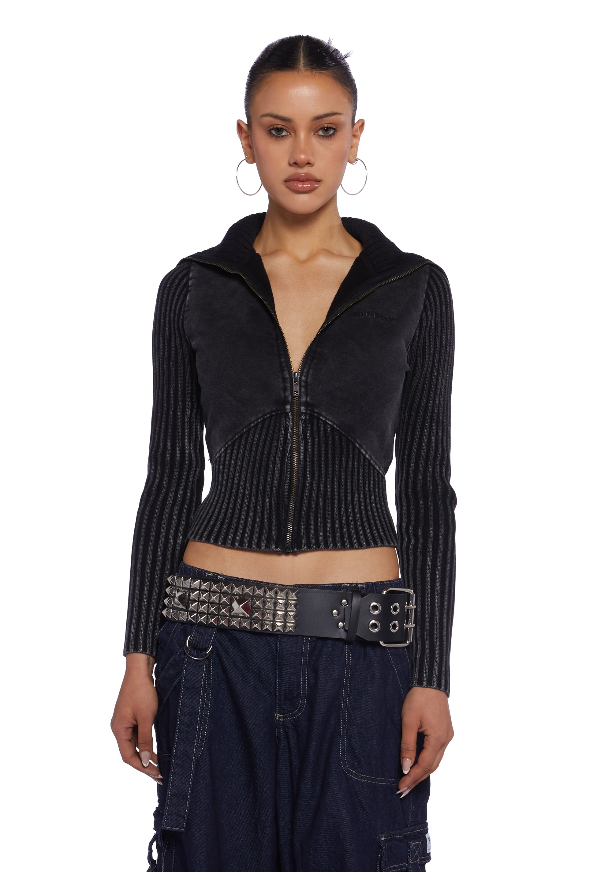 BDG Stretchy Ribbed Knit Track Top - Black – Dolls Kill