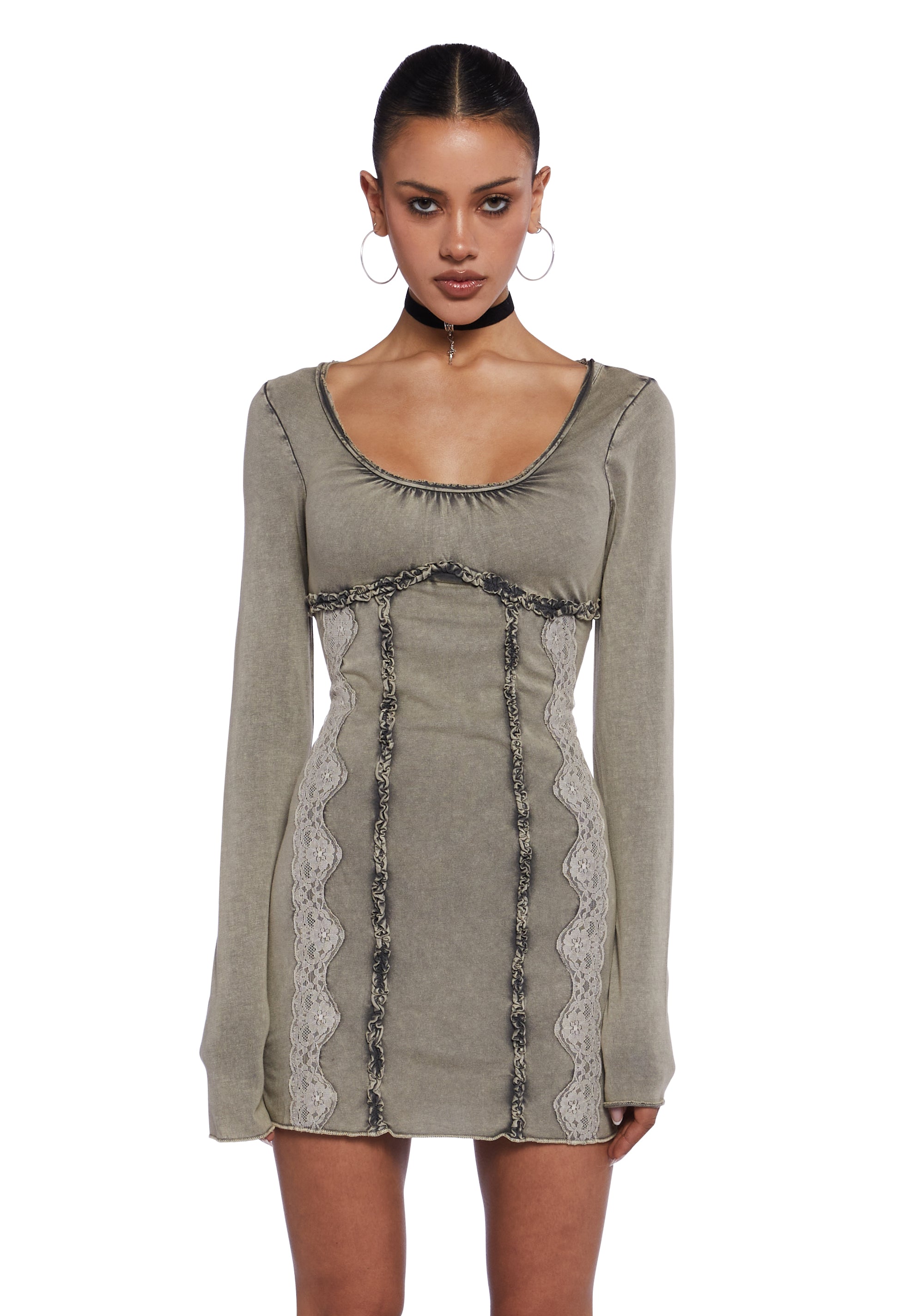 BDG Washed Empire Waist Mini Dress With Lace - Green – Dolls Kill