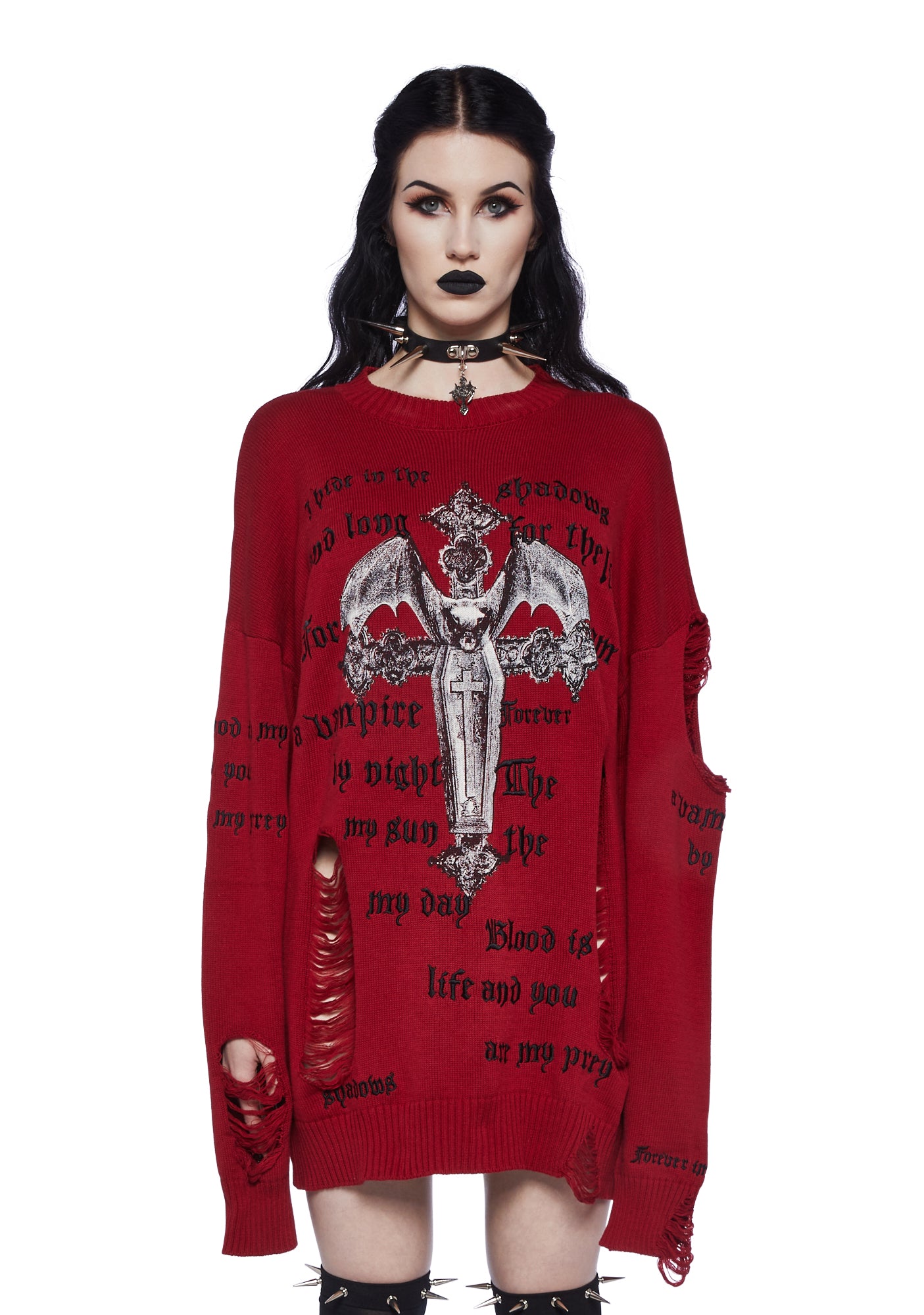 Widow Oversized Distressed Gothic Knit Sweater - Red – Dolls Kill