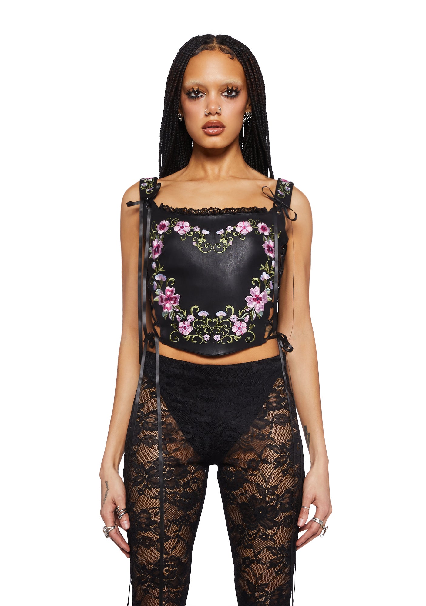 Current Mood Vegan Leather Floral Embroidered Corset Top - Black ...