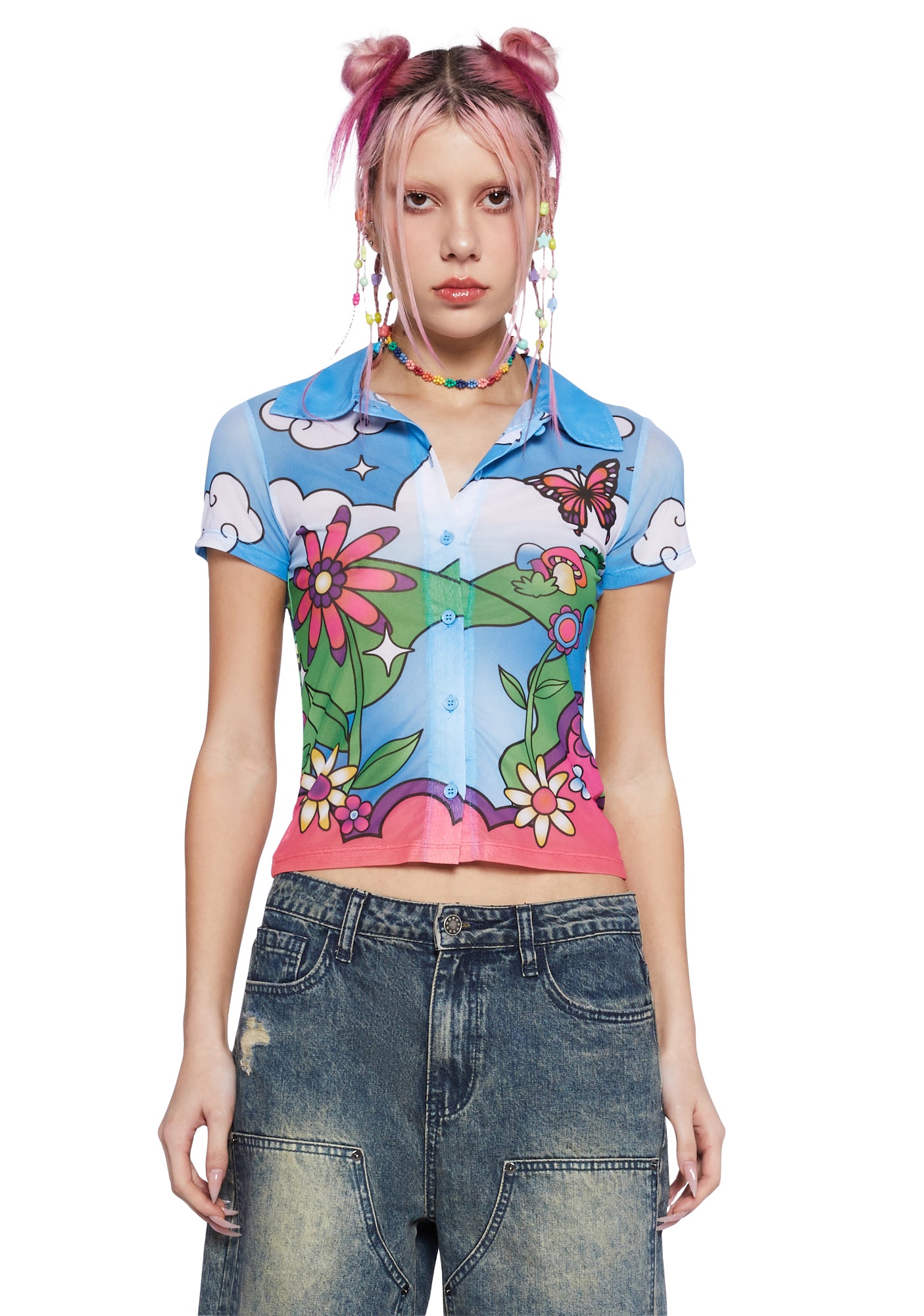 Delia's Graphic Butterfly Trippy Print Button Up Shirt - Multi – Dolls Kill