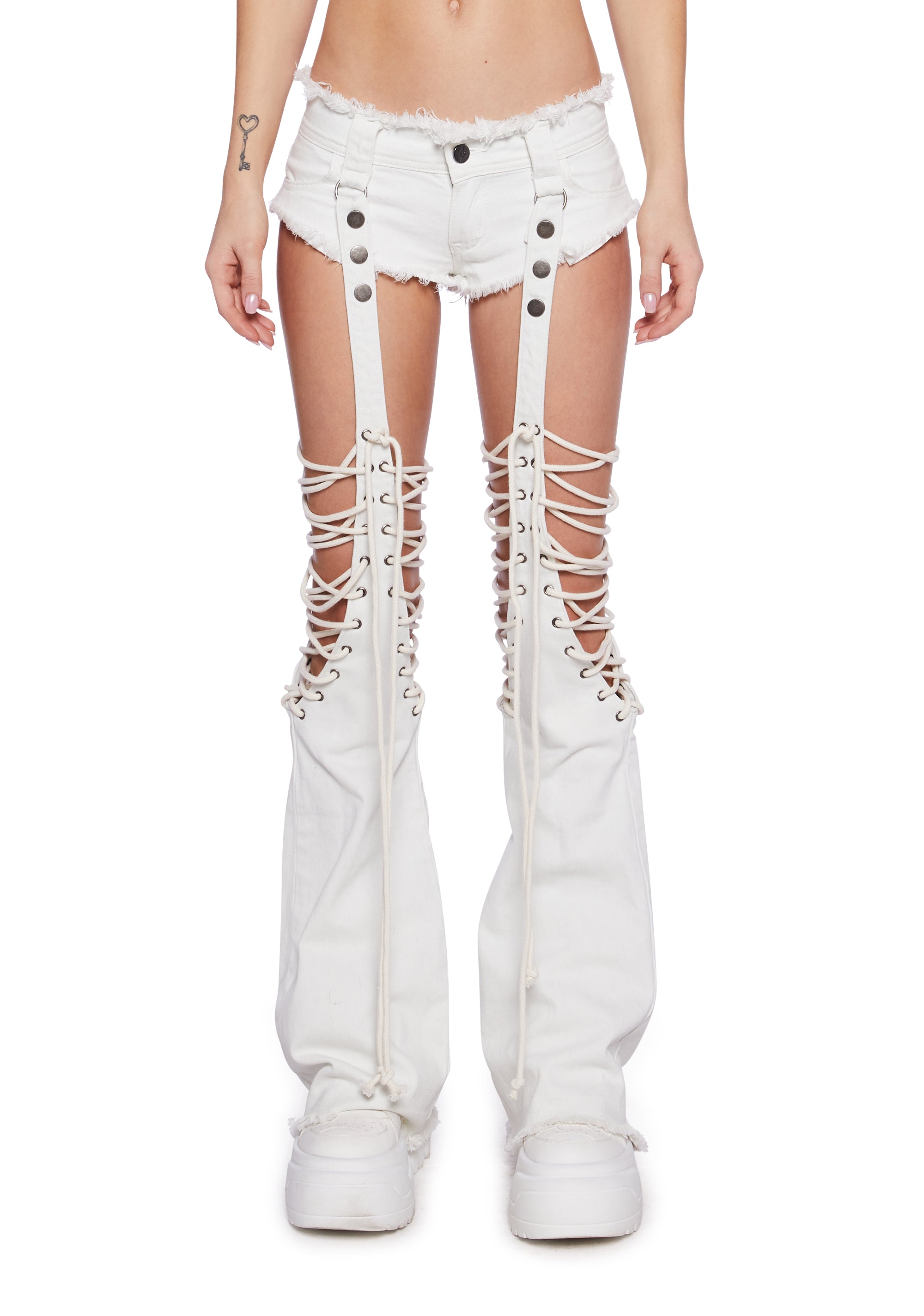 Darker Wavs Washed Denim Shorts With Detachable Chaps - White – Dolls Kill